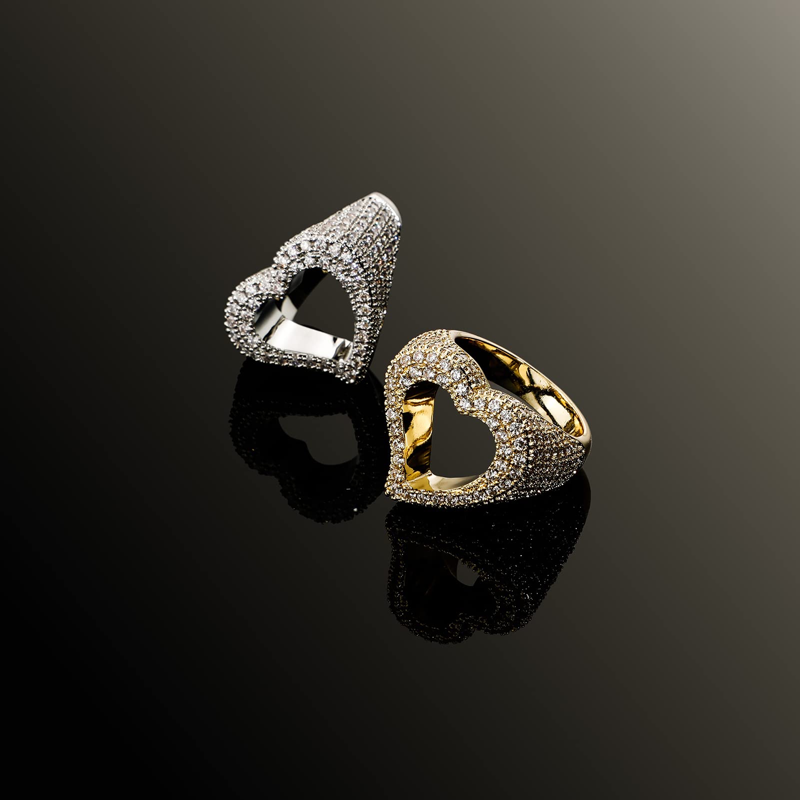 JINAO Hollow Heart Ring 14K Gold Plated Iced Out Lab Simulated Diamond Cubic Zirconia Eternity Wedding Band Ring for Men Women(Silver,11)