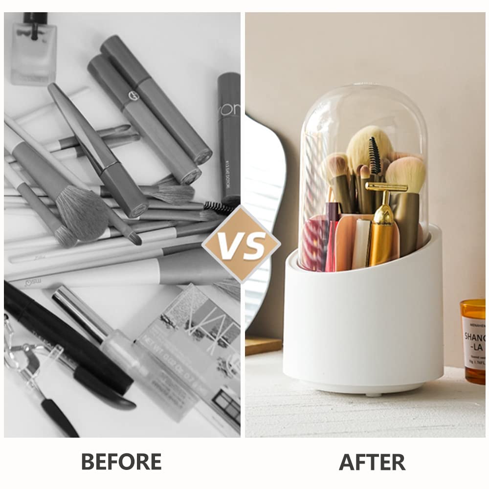 Lebenrich Makeup Brush Holder Organizer with Lid, Rotating Dustproof Make Up Brushes Container with Acrylic Cover, Spinning Cosmetics Holders Storage Cup for Vanity Desktop Bathroom Countertop