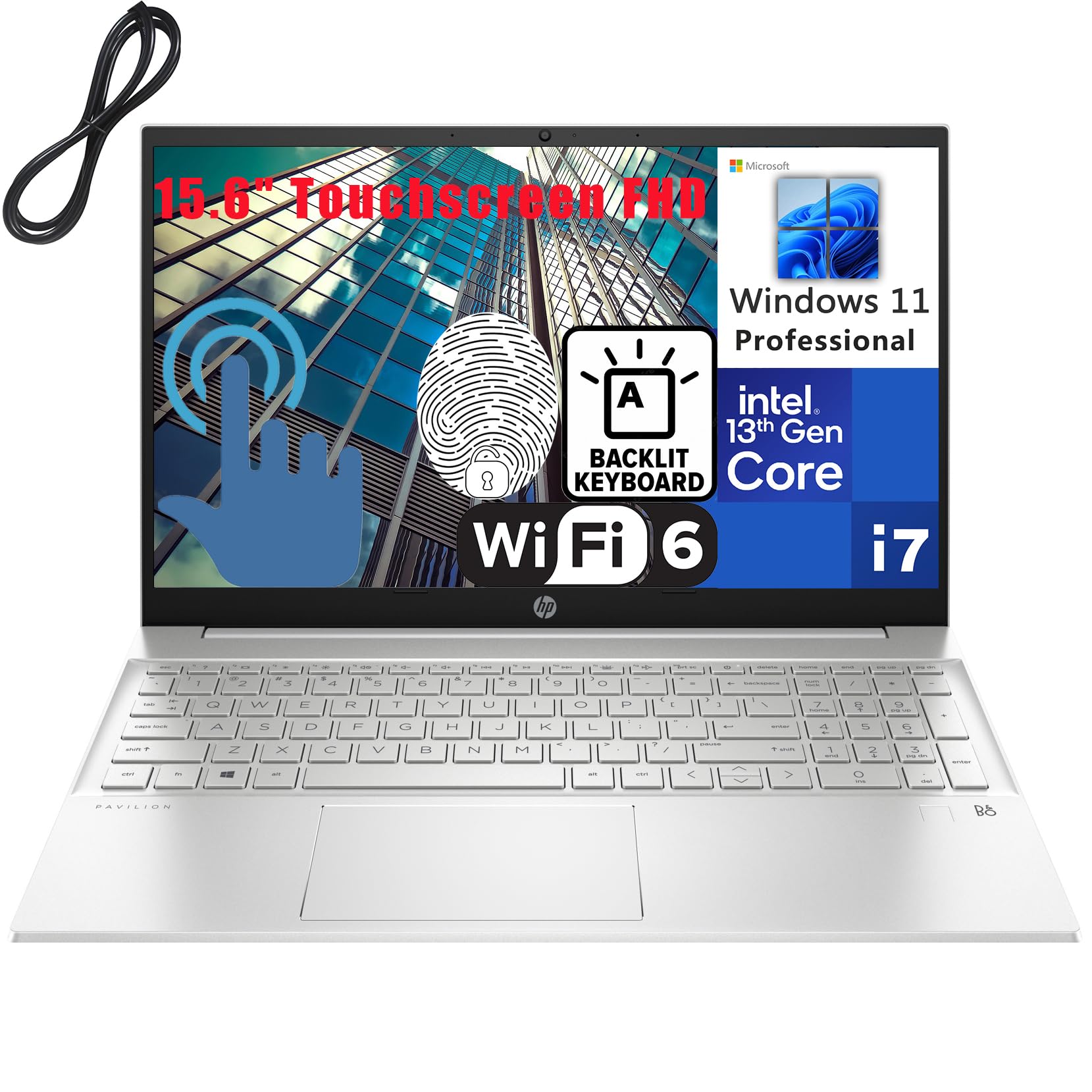 HP Pavilion 15 15.6" Business Laptop Computer, 13th Gen Intel 10-Core i7-1355U, 64GB DDR4 RAM, 1TB PCIe SSD, WiFi 6, BT 5.3, Backlit Keyboard, FR, Windows 11 Pro, BROAG Cable
