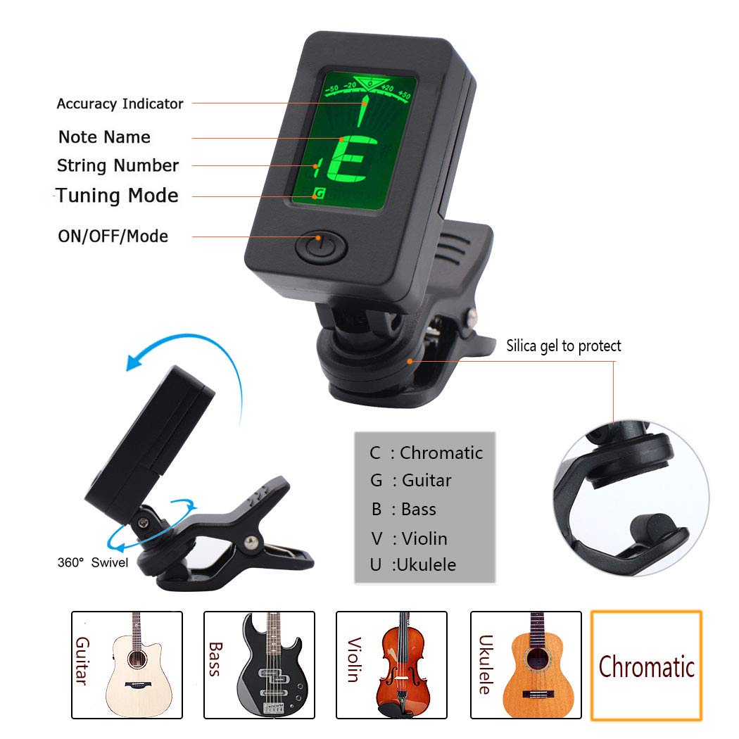 Guitar Capo with Tuner Clip-On Tuner Guitar Accessoriesor for Acoustic Electric Ukulele Guitar and More