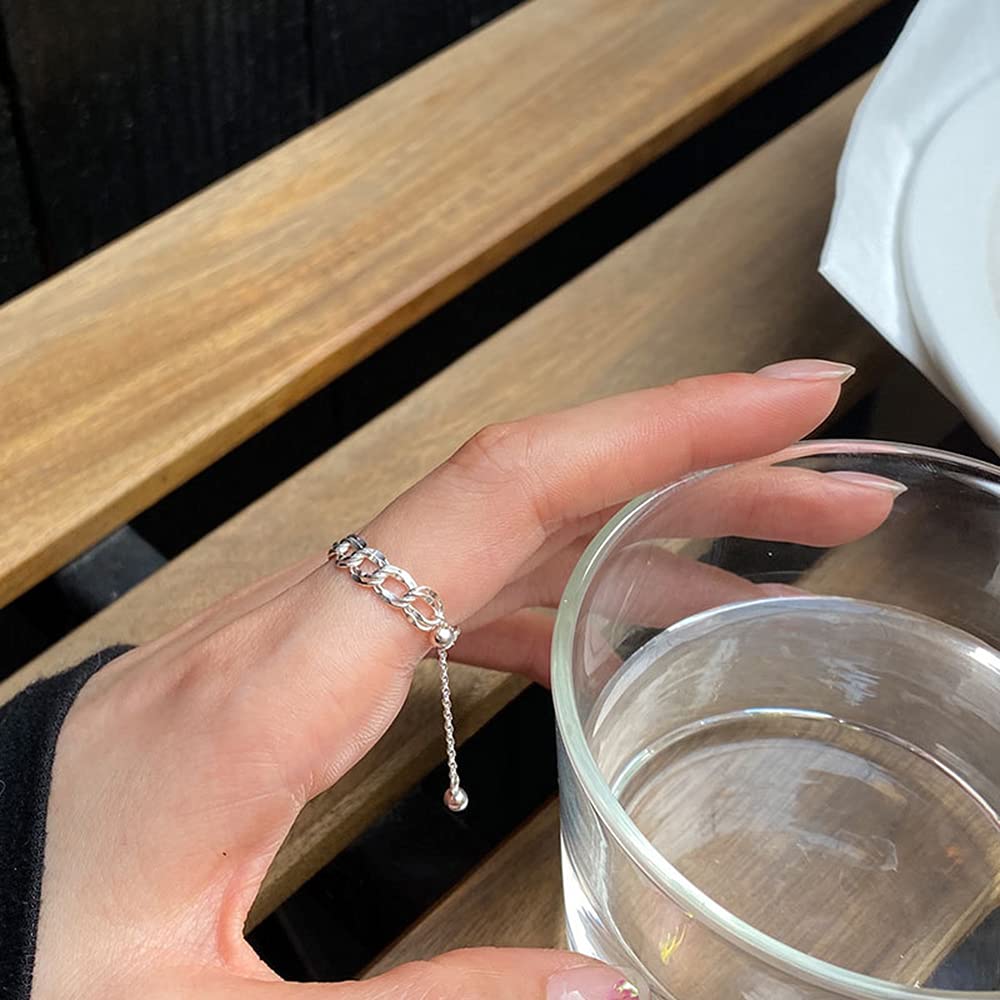 Izpack Unique Link Chain Knuckle Stacking Rings S925 Sterling Silver Adjustable with Dangling Ball Minimalist Finger Statement Ring Eternity Promise Band Cute Jewelry Gifts Bithday
