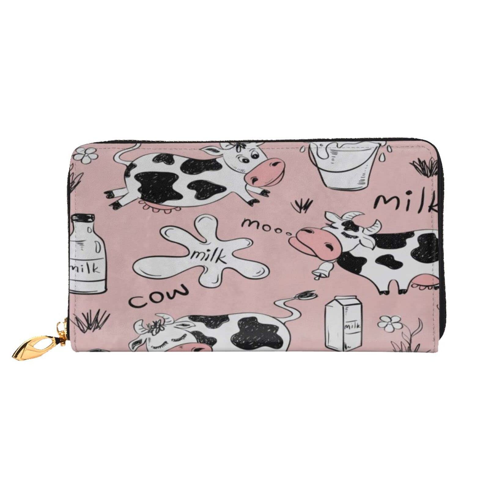 Long Handbag Purse Wristlet Bag Card Holder Wallet-Cute Milk Cow Leather Wallet For Women Men