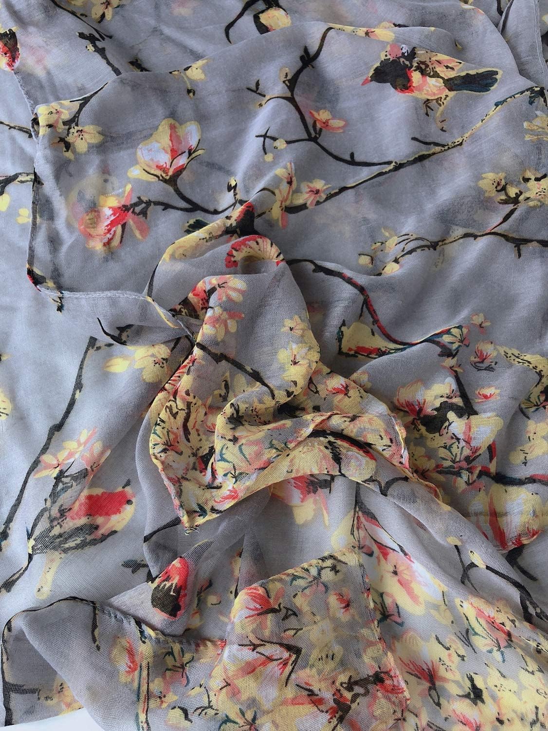 GERINLY Floral Birds Work Scarves for Womens Lightweight Cotton Shawls and Wraps Soft Thin Neckwear Head Scarf (Grey)