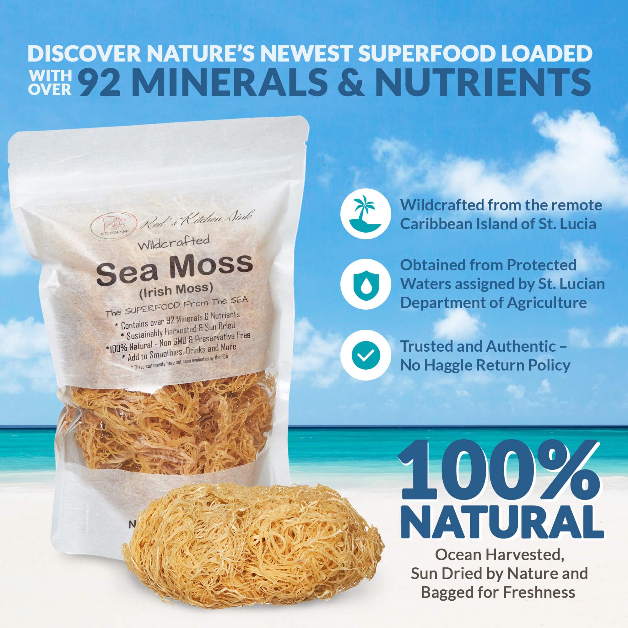 Irish Sea Moss | Seamoss | Wildcrafted - 100% Natural, Makes 240+ oz of Sea Moss Gel, from St. Lucia | 1 Pound - 16oz