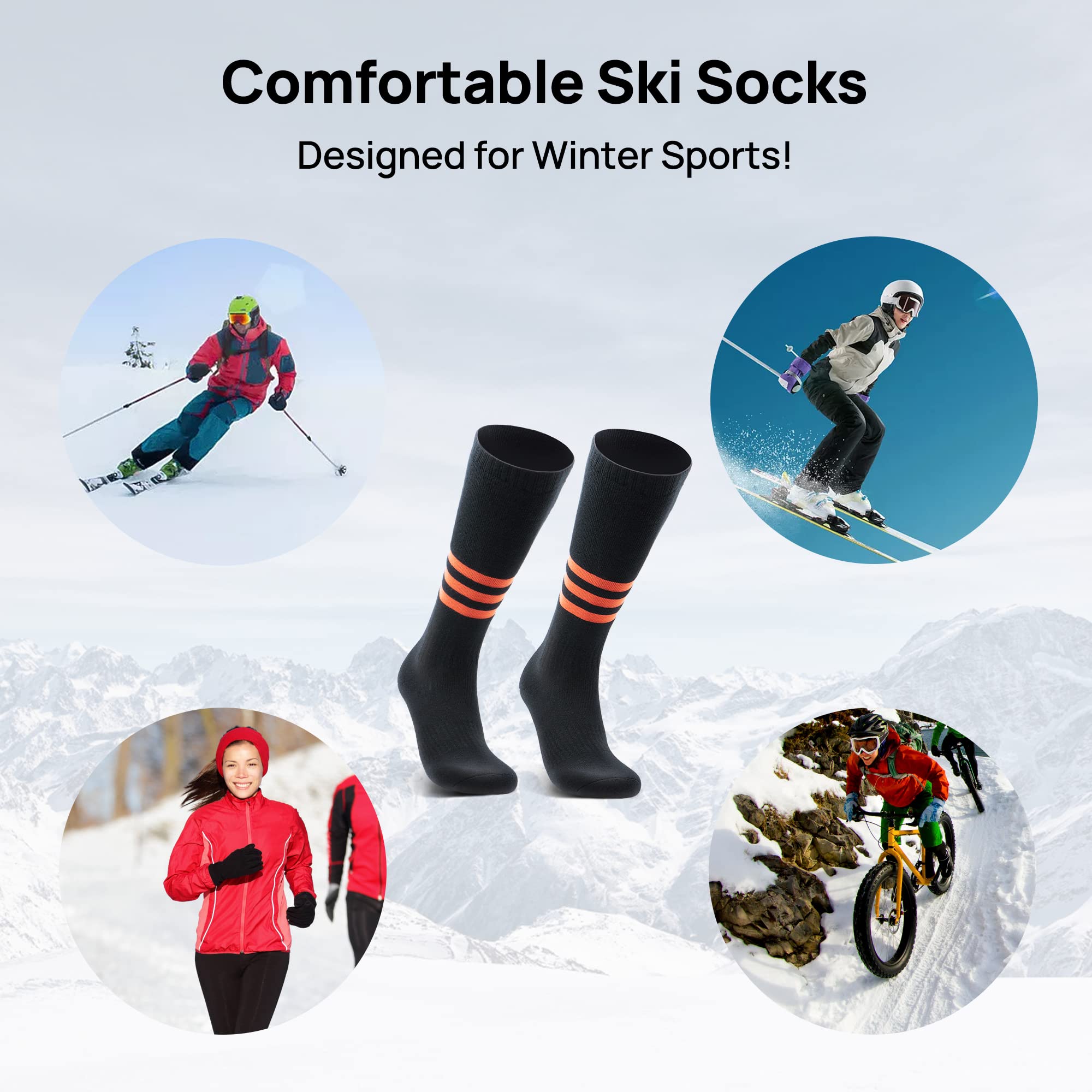 MARYSTI Winter Ski Socks, 1 Pair, for Skiing, Snowboarding, Outdoor Sports Socks - Black & Orange XL