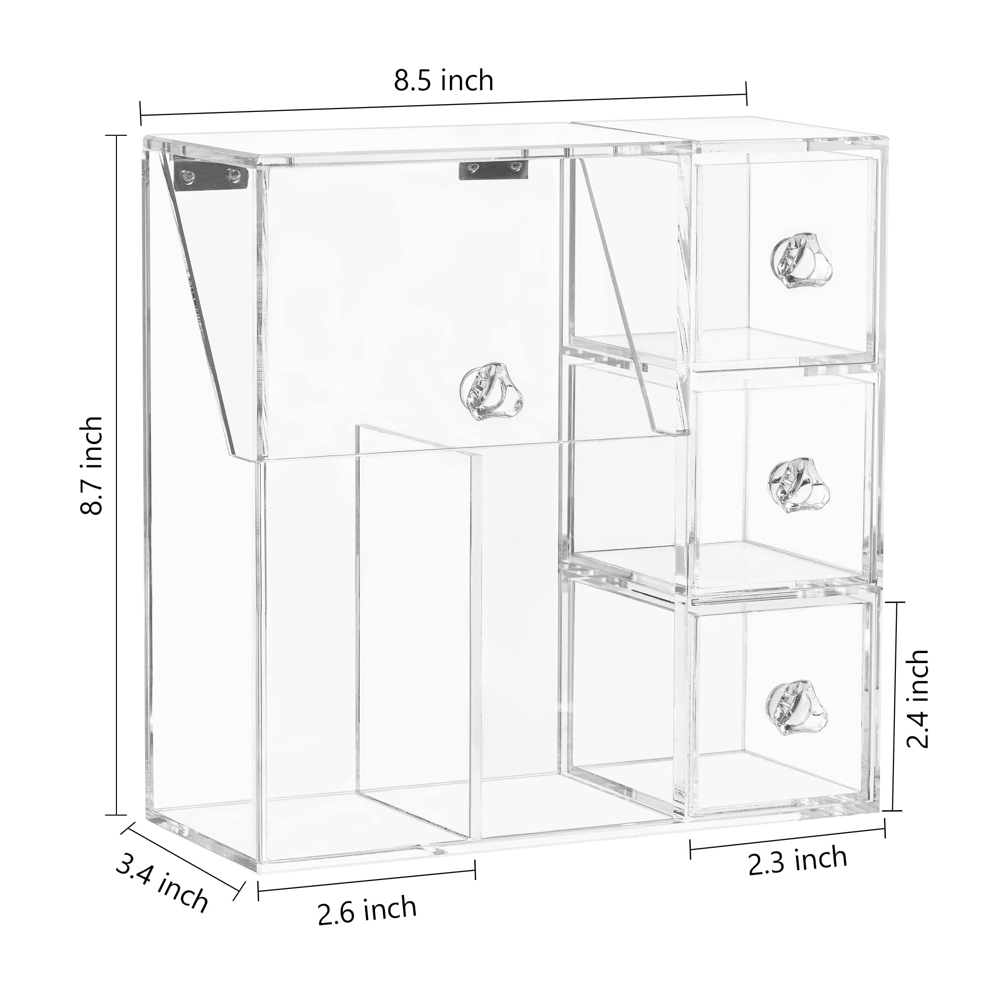 HBlife Makeup Brush Holder, Acrylic Makeup Organizer with 2 Brush Holders and 3 Drawers Dustproof Box, Free Beige Pearl Included