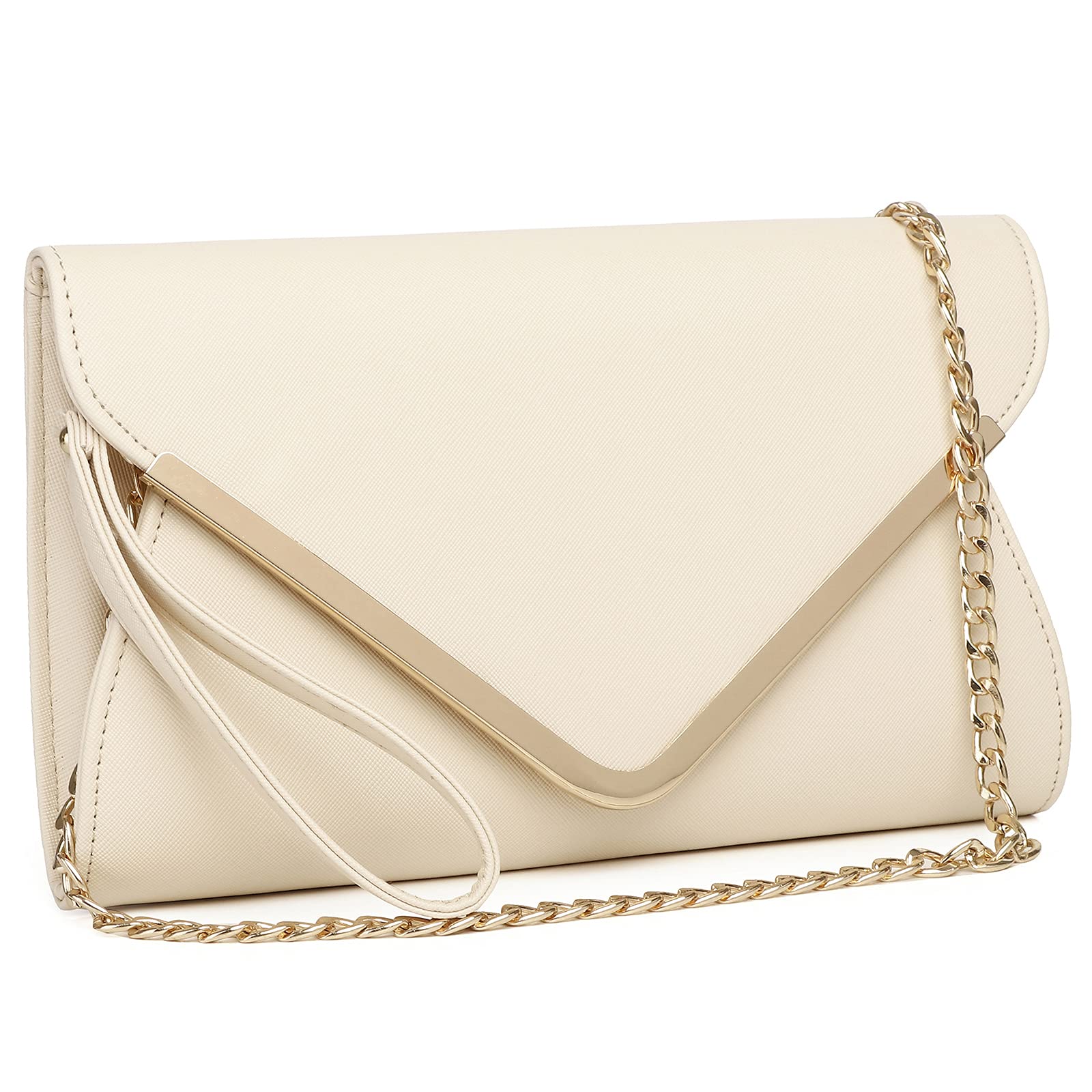 GESU Womens Faux Leather Envelope Clutch Bag Evening Handbag Shoulder Bag Wristlet Dress Purse,Large,Beige.