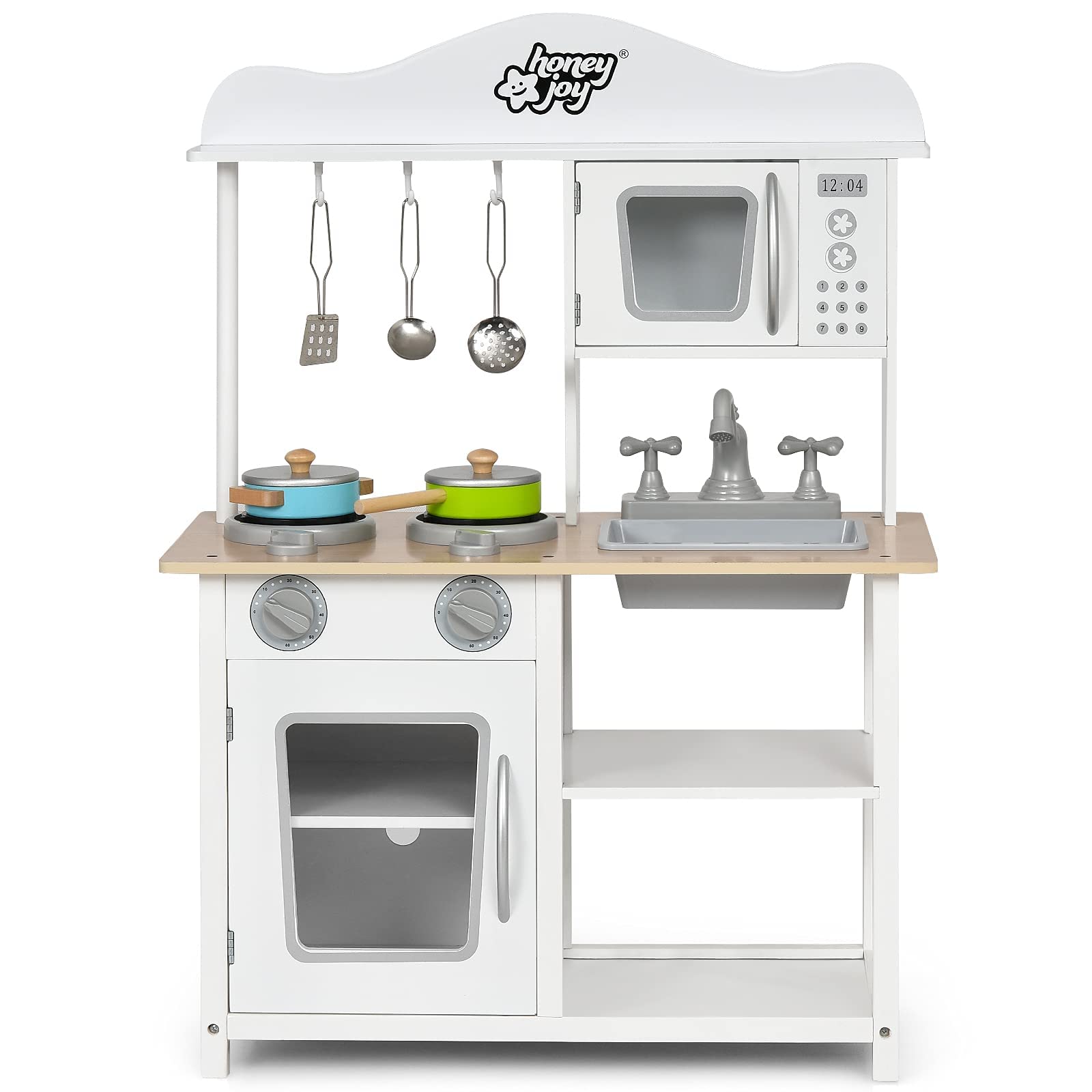 HONEY JOY Kids Wooden Kitchen Playset With Microwave, Sink, Stove & Oven, Cooking Accessories, Storage Shelf, Pretend Play Toy Kitchen Set, Gift for Boys Girls