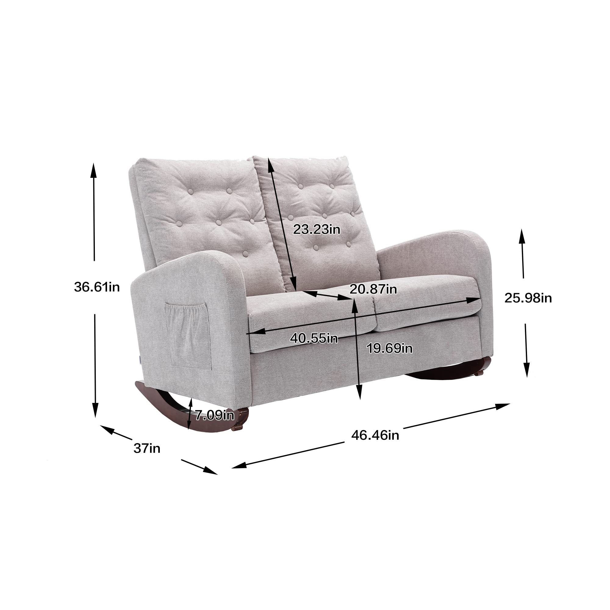 LUMISOL Modern Upholstered Double Rocking Chair, Nursery Rocking Loveseat with Tufted Backrest and Storage Pockets, Glider Rocker Chair for Bedroom, Living Room (Light Grey)