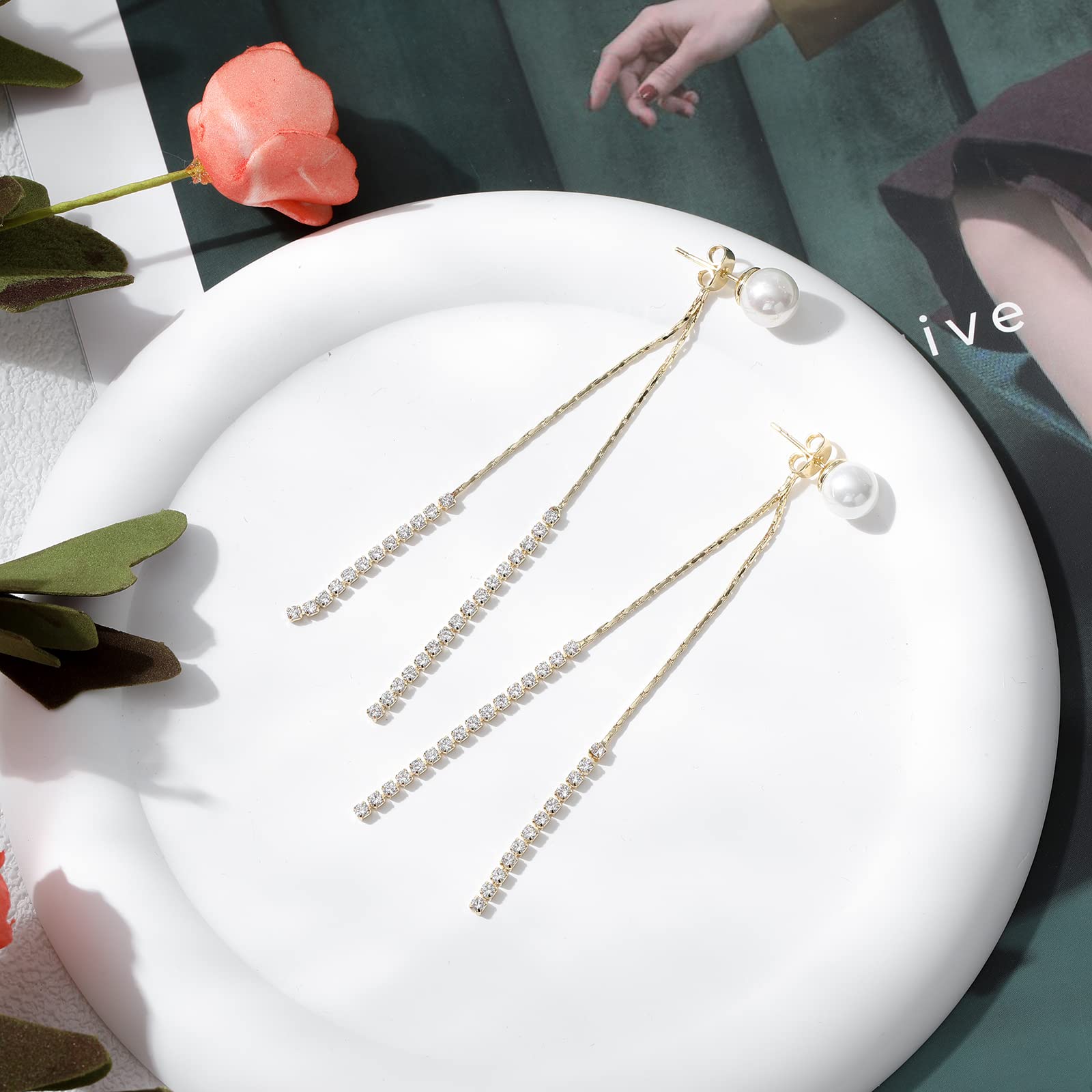 Long Pearl Dangle Earrings for Women, 14K Gold Plated Chain Stud Earring Hypoallergenic Wedding Bridal Tassel Cubic Zirconia Earrings (Style-C)