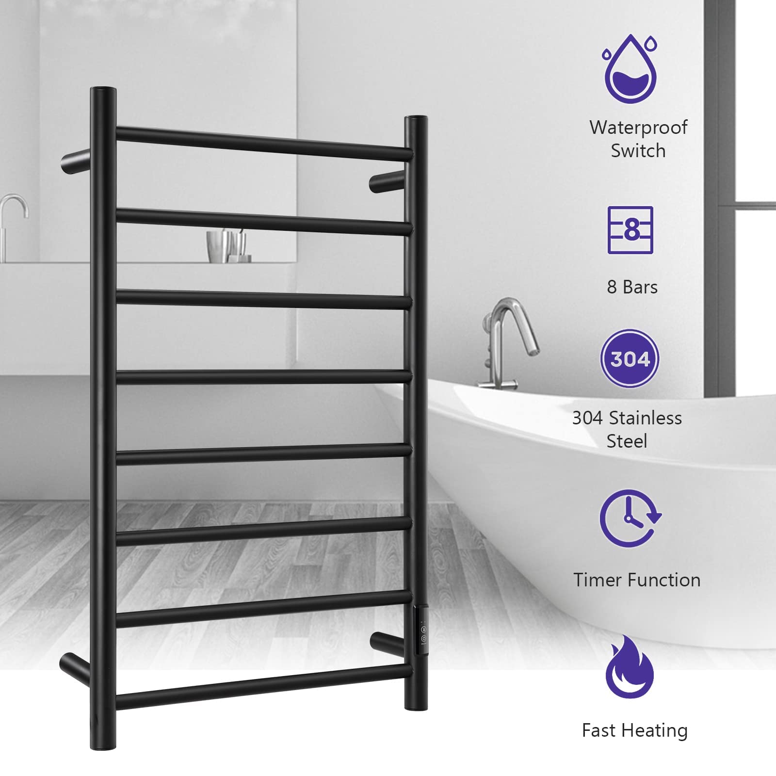 Homeleader Towel Warmer Wall Mounted Heated Towel Rack with 4/6h Timer, Plug-in & Hardwired Optional, Stainless Steel Material Spray Paint Matte Black, 120W