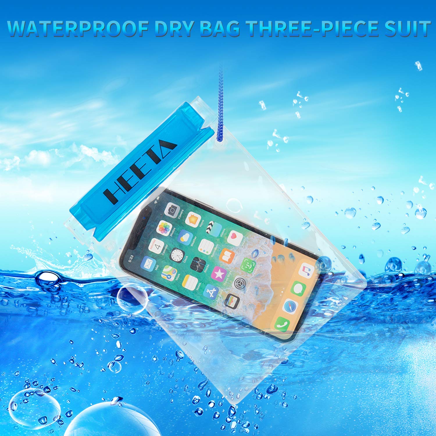 HEETA 2-Pack Waterproof Pouch with Waist Strap, Transparent Screen Touchable Dry Bag Bundle with 3-Pack Clear Waterproof Dry Bag