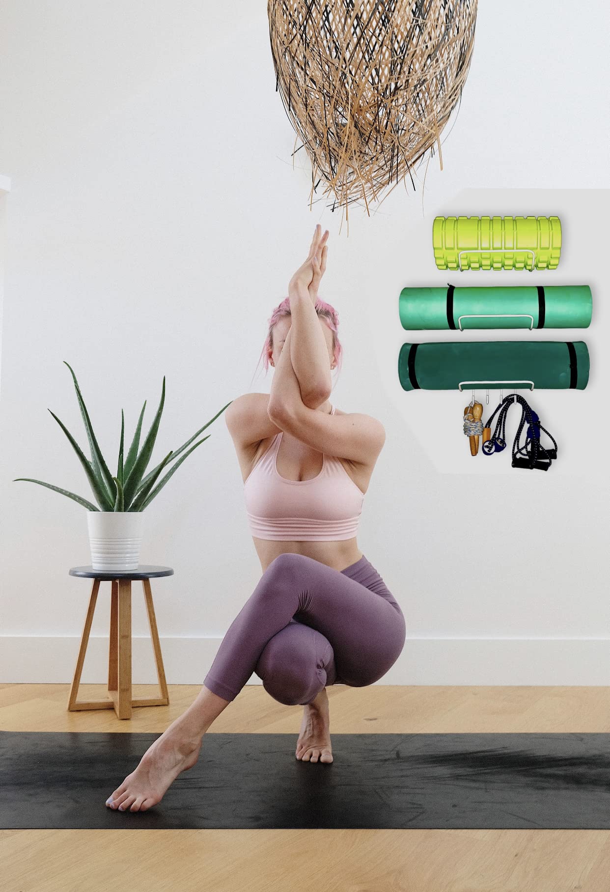 KOOLIST Yoga Mats Holder, Wall Mount, Rack for Yoga Mats or Towel Storage. 3 Shelf Contoured Design Twin Pack Totalling 6 Shelves. 1 Additional 4 Hook Assembly Included.