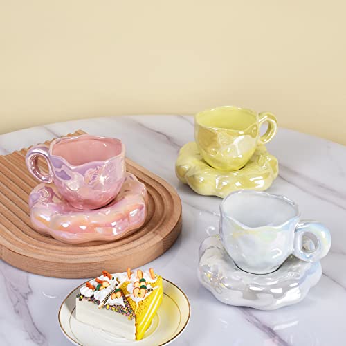 Koythin Ceramic Coffee Mug, Creative Cute Cream Sheen Cup with Sunflower Coaster for Office and Home, 6.5 oz/200 ml for Tea Latte Milk (Cream Pink)