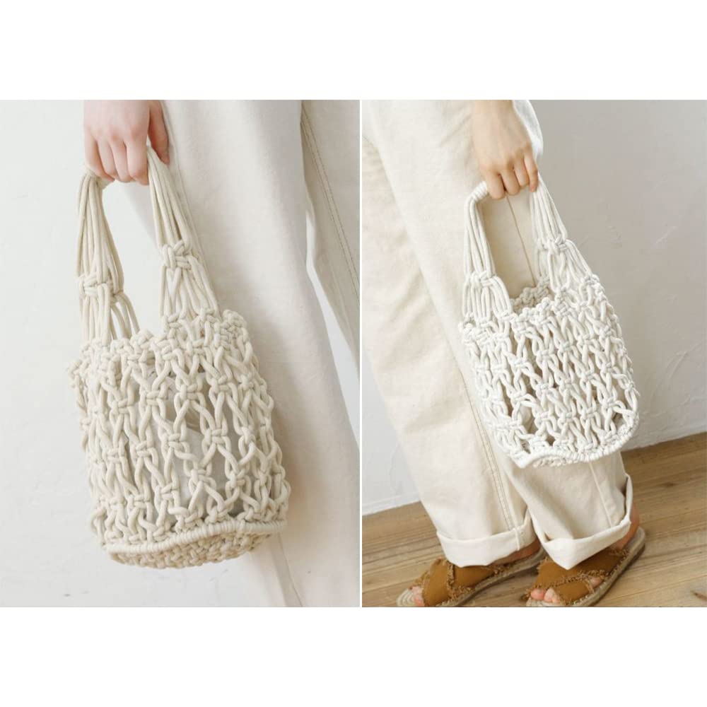 JBRUN Women's Bucket Drawstring Handbag Fishing Net Shoulder Bag Straw Weave Handbag Summer Beach Bags Hobo Bag (A-White)
