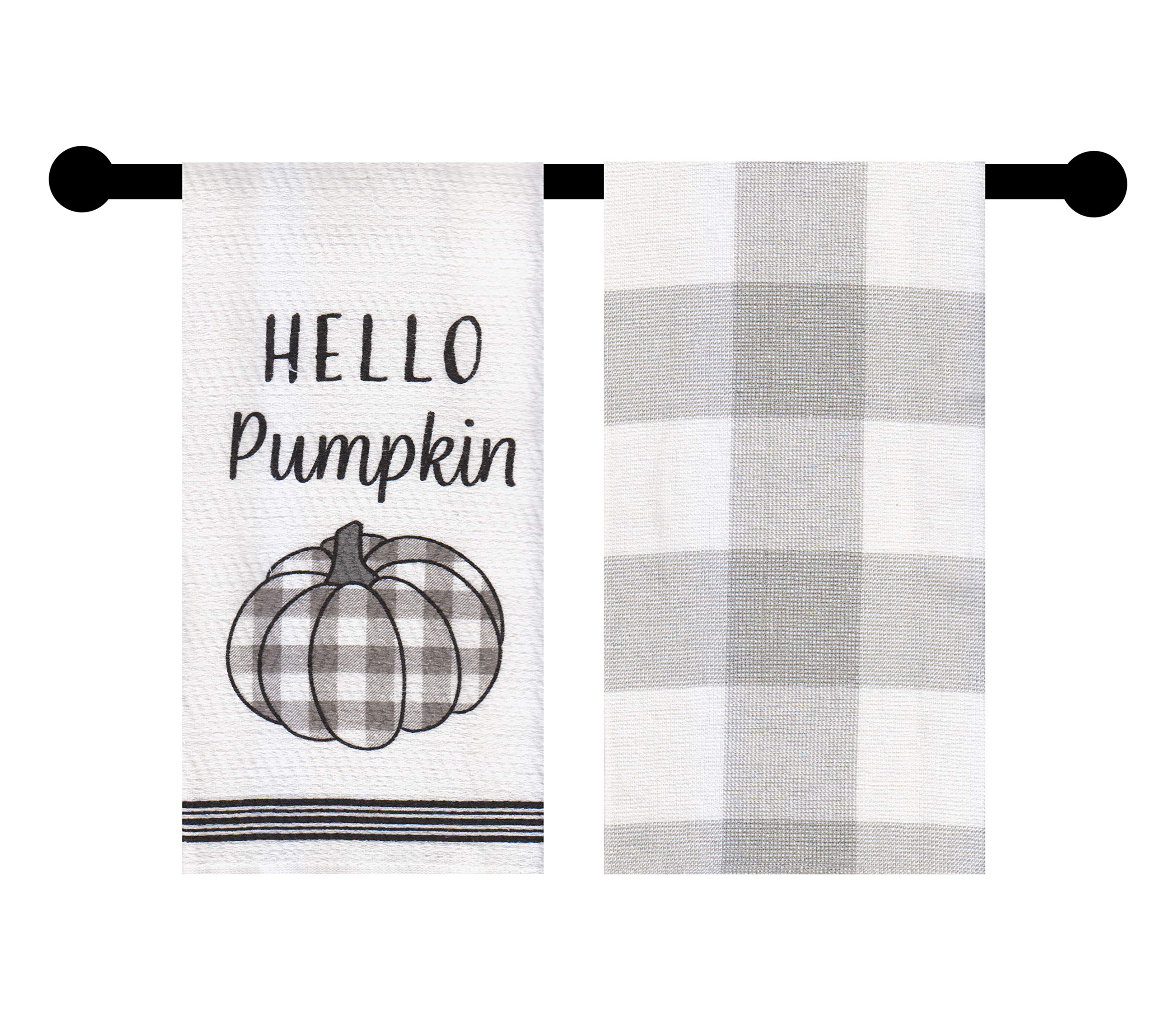 Mainstream Hello Pumpkin Kitchen Hand Towels, Grey and White Checked Buffalo Plaid, Set of 2 Coordinating Cotton Dishtowels for Fall and Thanksgiving Decorating, 16 x 26 inches