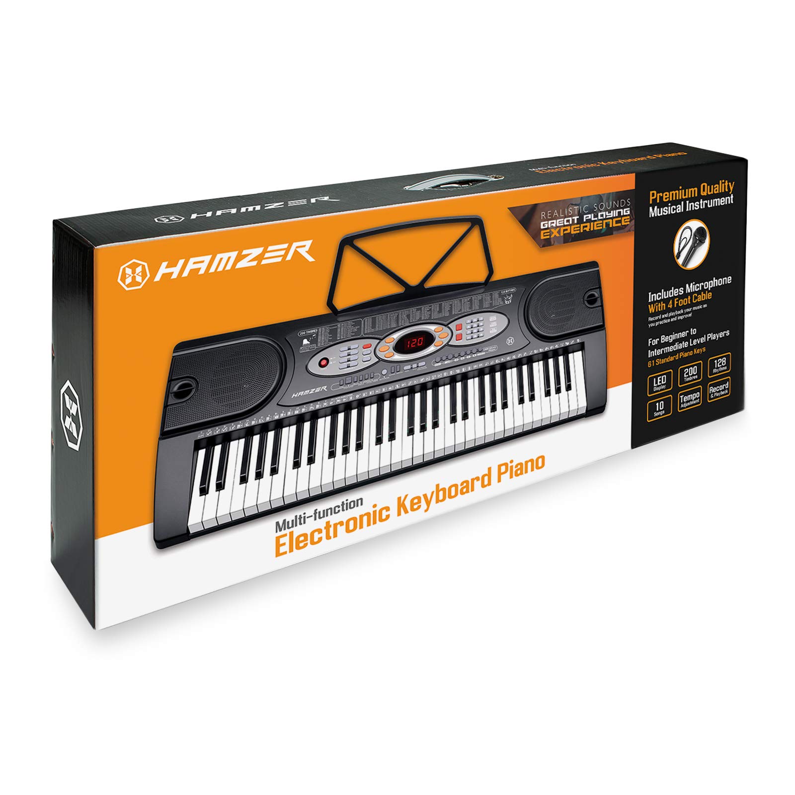 Hamzer 61-Key Electronic Keyboard Portable Digital Music Piano with X-Stand, Microphone & Sticker Set