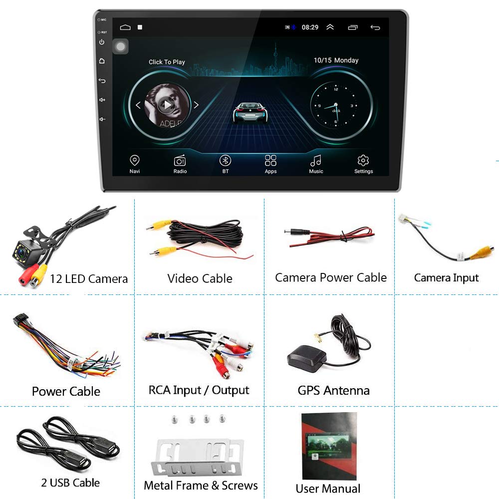 Hikity 10.1 Inch Android Car Stereo Touch Screen Double Din Car Radio WiFi Bluetooth GPS Navigation FM Radio Support Mirror Link for Android/iOS Phone, with 12 Led Lights HD Rear View Camera