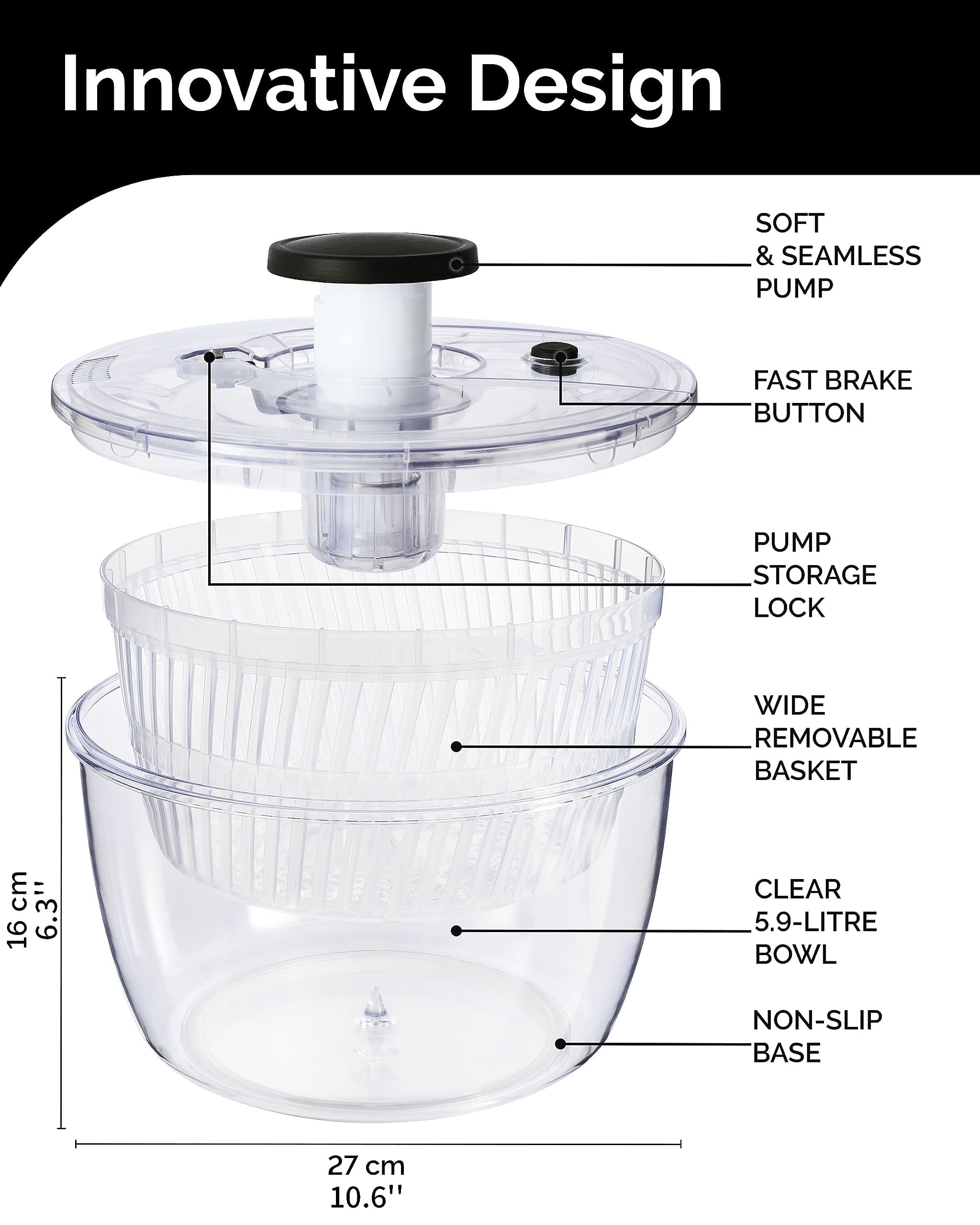lily&stone Large Pump Salad Spinner with Drain, Bowl, and Colander - Quick and Easy Multi-Use Lettuce Spinner, Vegetable Dryer, Fruit Washer, Pasta and Fries Spinner - 6.33 Qt