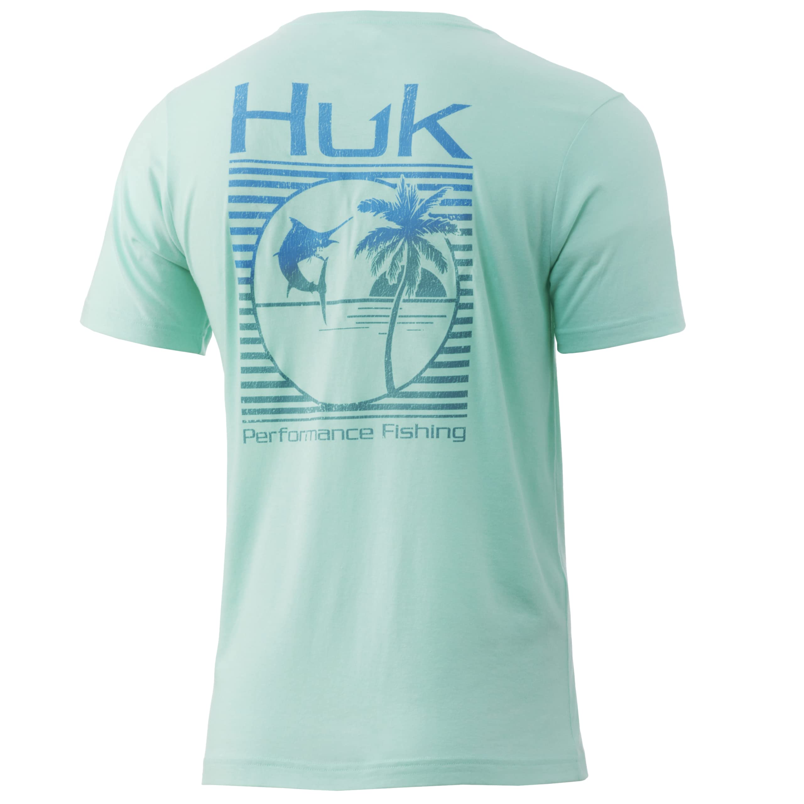 HUK mens Short Sleeve Performance Tee | Performance Fishing T-Shirt, Sunset Marlin - Coastal Sky Heather, Large