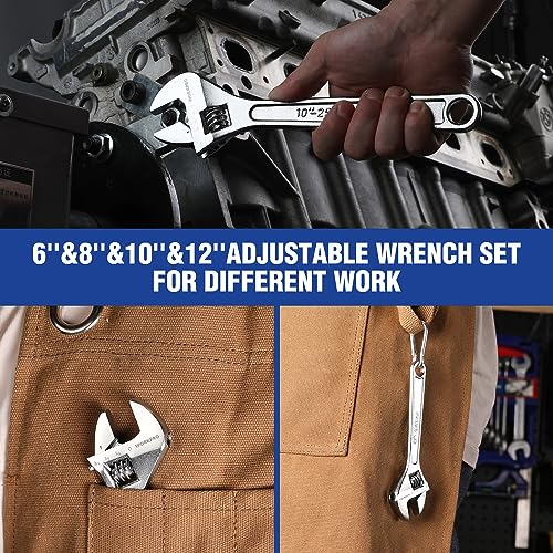 WORKPRO 4-piece Adjustable Wrench Set, Forged, Heat Treated, Chrome-plated (6-inch, 8-inch, 10-inch, 12-inch)