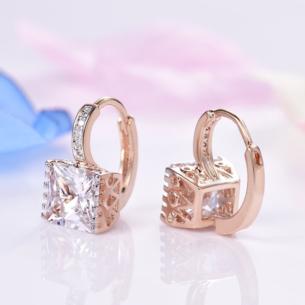 GULICX Gold Tone White CZ Zircon Sparkle Crystal Square Hoop Earrings for Women