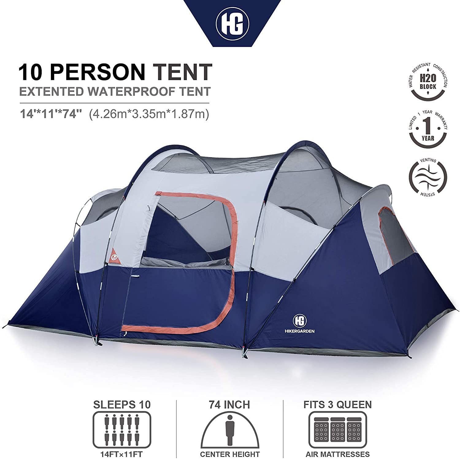 HIKERGARDEN 10 Person Tent for Camping Waterproof, Family Tent, Windproof Fabric, Easy Setup with Large Mesh for Ventilation, Double Layer and Divided Curtain