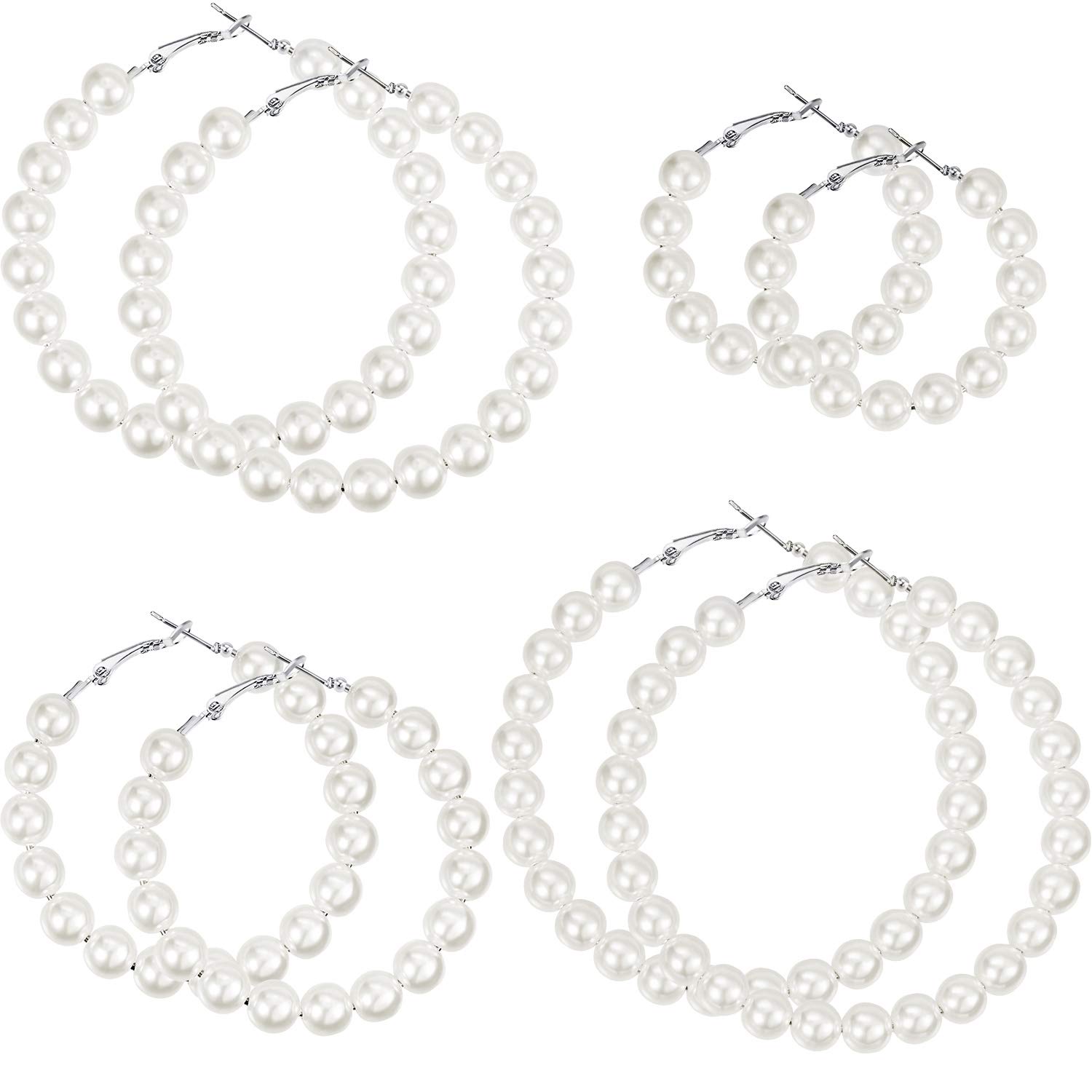 Hicarer 4 Pairs Faux Pearl Hoop Earrings for Women Large Big Drop Dangle Earrings Pearl Beaded Earrings Jewelry for Women Girlfriend Brides Gift (Silver Pearl Hoop)