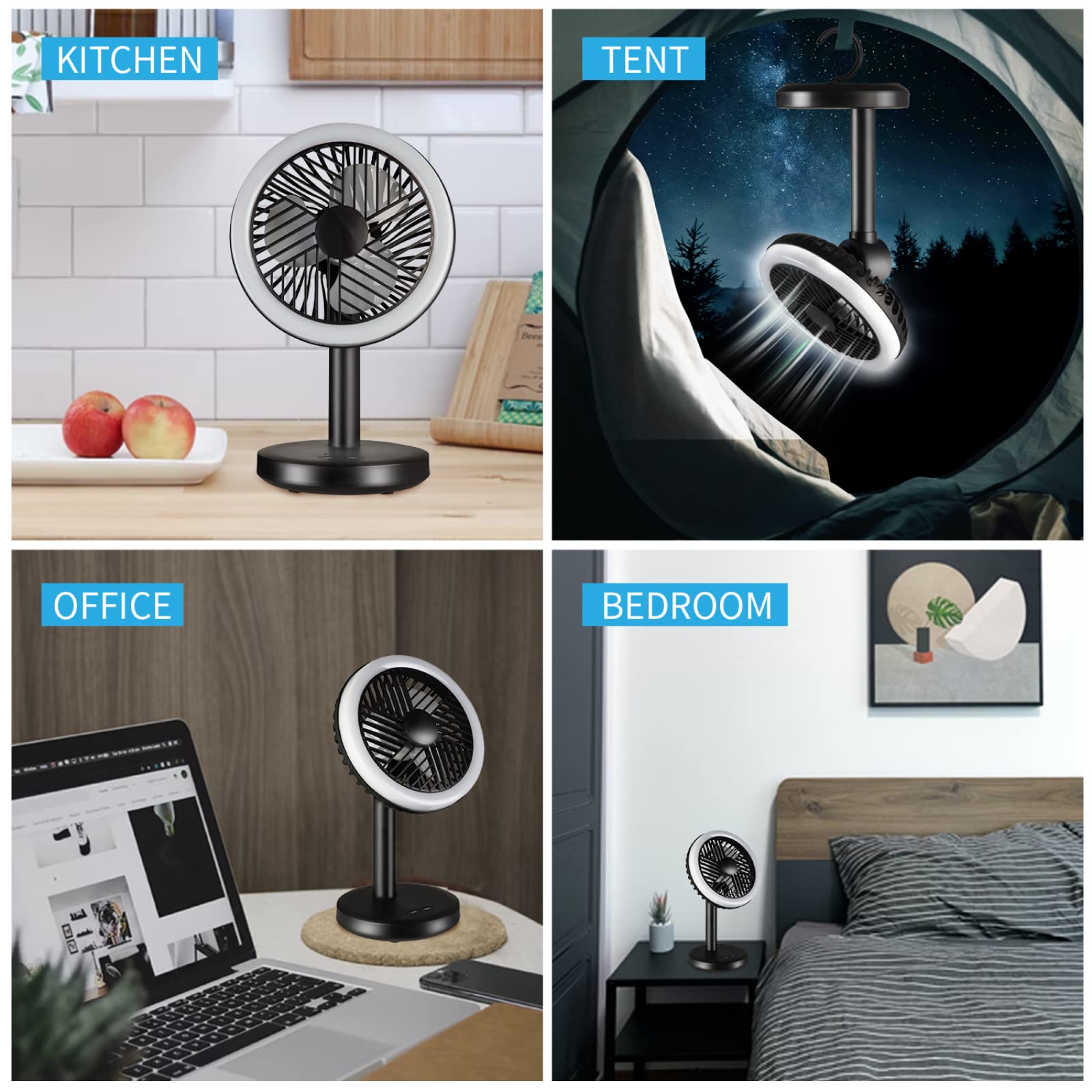 GOODAT 10.5 Inch USB Desk Fan with Ring LED Lantern, 90° Adjustment for Better Cooling, Ultra-quiet, 3 Speeds Portable Mini Powerful Desktop Table Fan, Small Personal Cooling Fan for Home Office Black