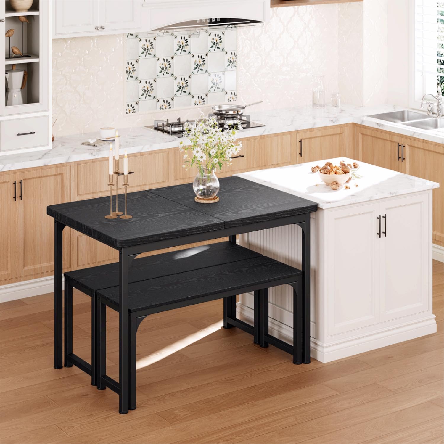Gizoon Dining Table Set for 4 to 6, Extendable Kitchen Table Set with 2 Benches, Ideal for Small Spaces and Apartment Dining Gatherings, Black