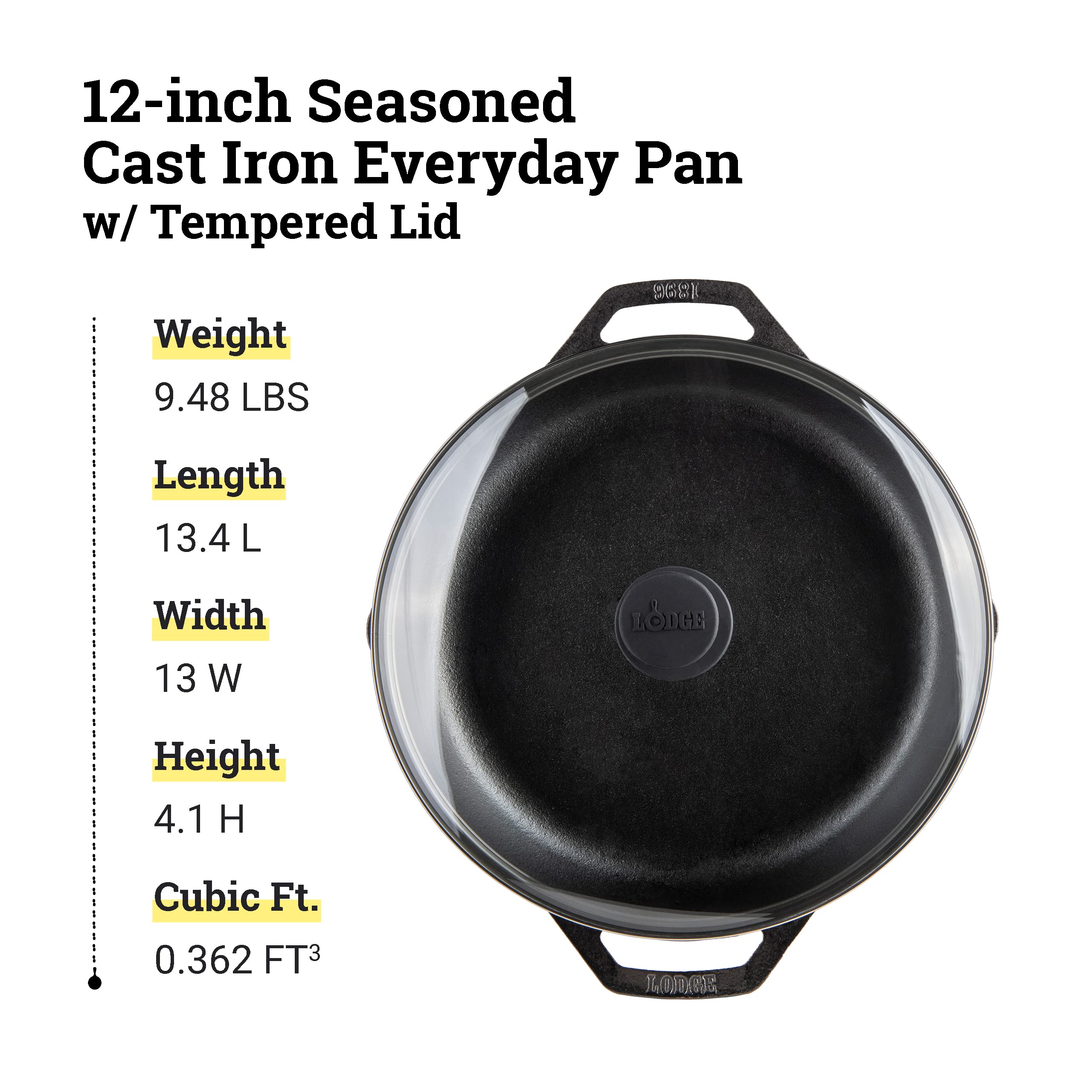 Lodge 12 Inch Cast Iron Everyday Pan - Chef Collection - Use on Oven, Stove, Grill, or Fire - Easy to Clean - Cast Iron Pan with Lid - Durable Cookware