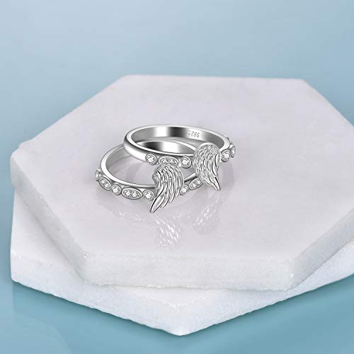 HUKKUN Couple Rings Sterling Silver Stackable Feather Matching Rings for Couples Angel Wings Jewelry Gift for friend