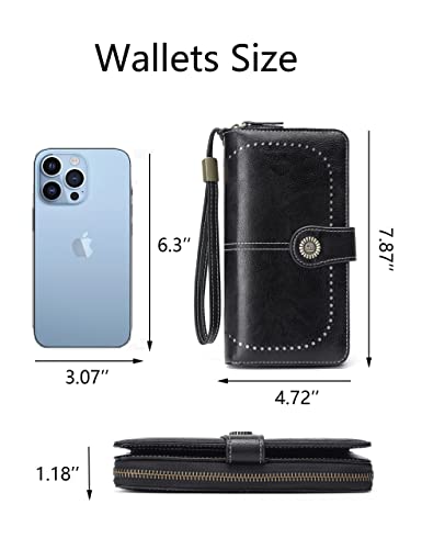JJUQ Womens Wallet Leather Large Capacity Card Holder Zipper Wristlet Wallets for Women-black