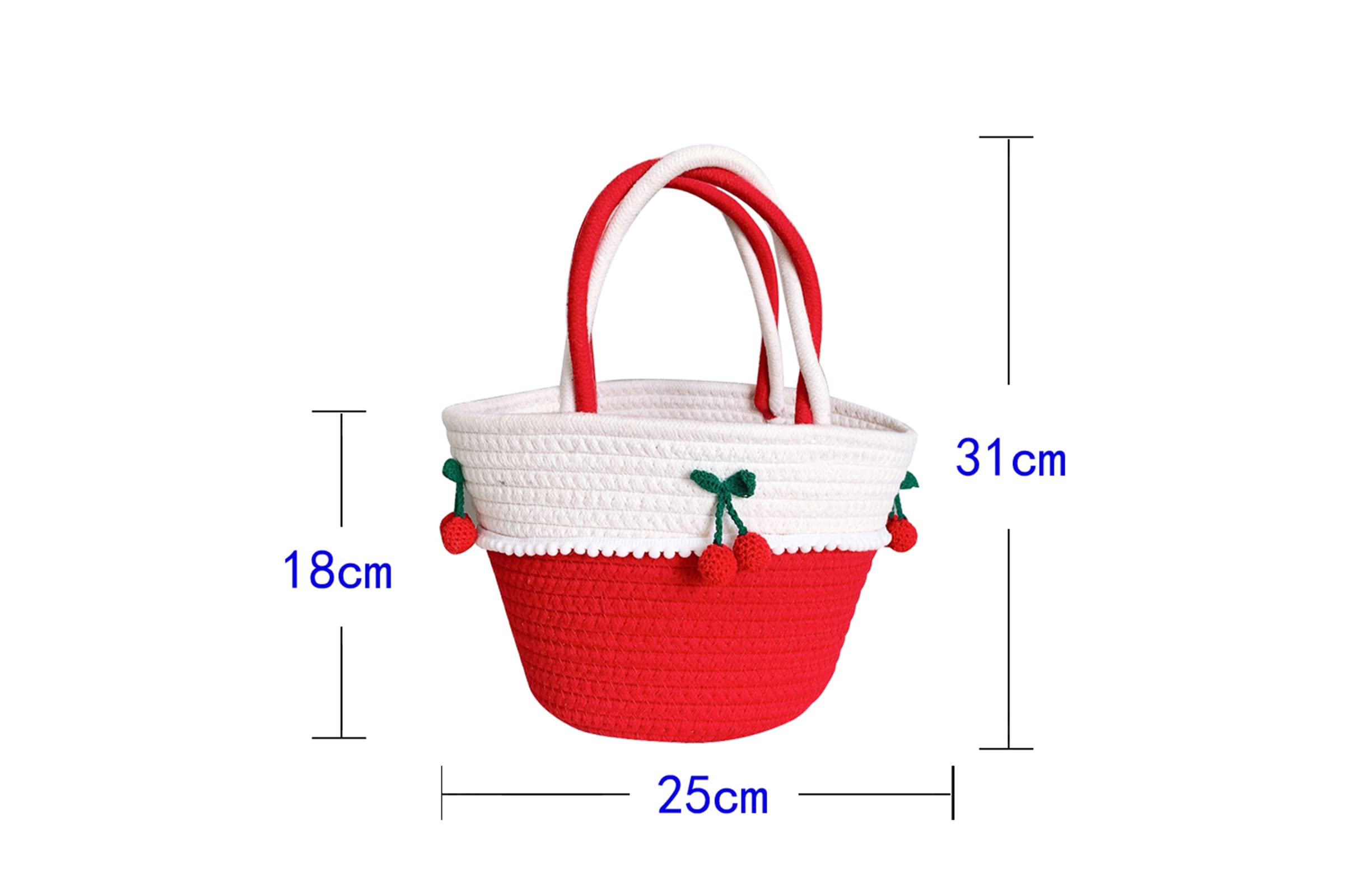 LOHGOU Women Girls Handwoven Cotton Handbag Cute Cherry Tote Bag Summer Beach Purse (Red)