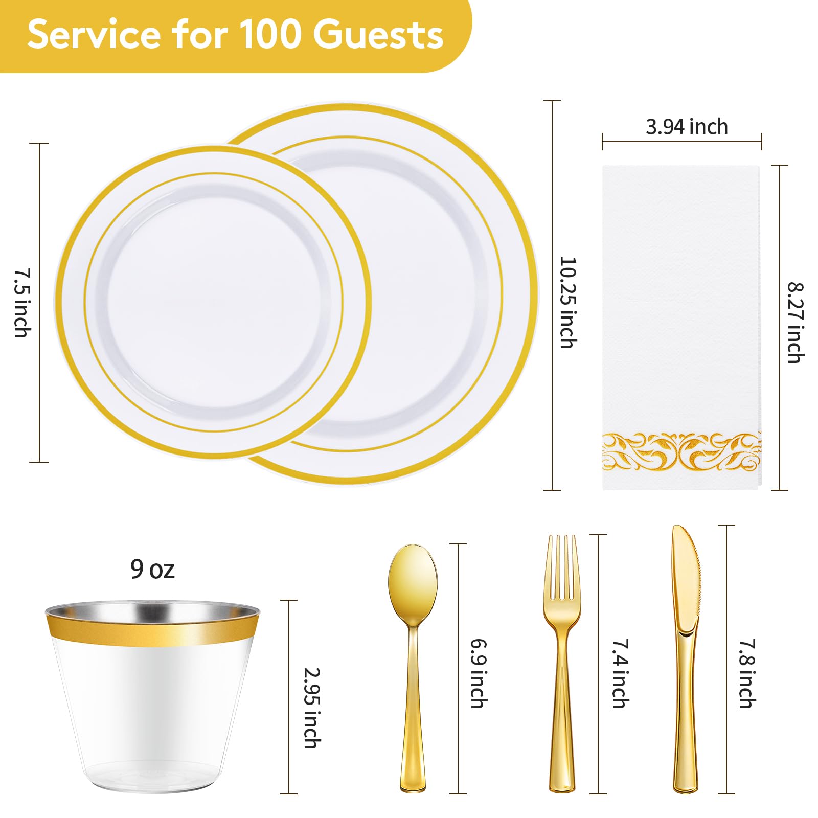Goodluck 700 Piece Gold Dinnerware Set for 100 Guests, Disposable for Party, Include: 100 Gold Rim Dinner Plates, 100 Dessert Plates, 100 Paper Napkins, 100 Cups, 100 Gold Plastic Silverware Set