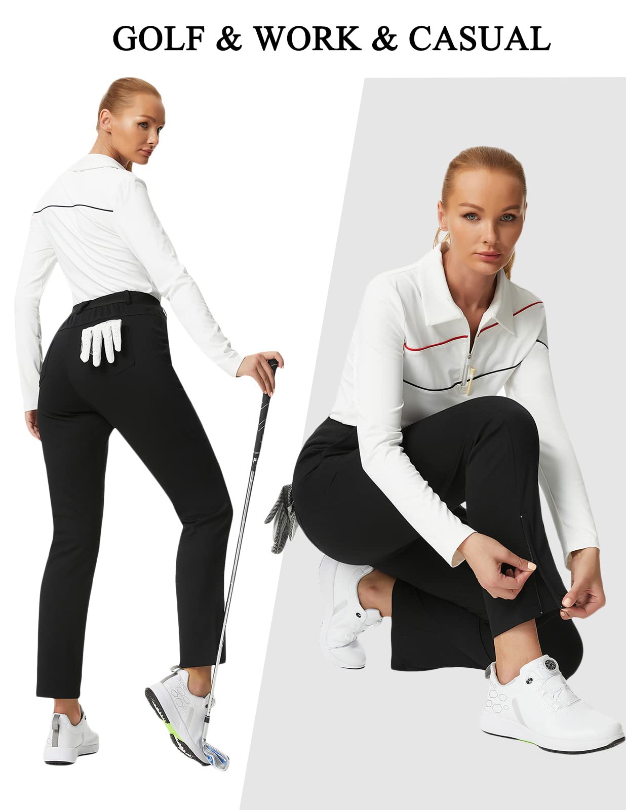 JACK SMITH Women Stretch Golf Pants Golf Outfits Clothes with Pockets Zip Dress Pants Quick Dry (Black #Slightly Thick Fabric M)