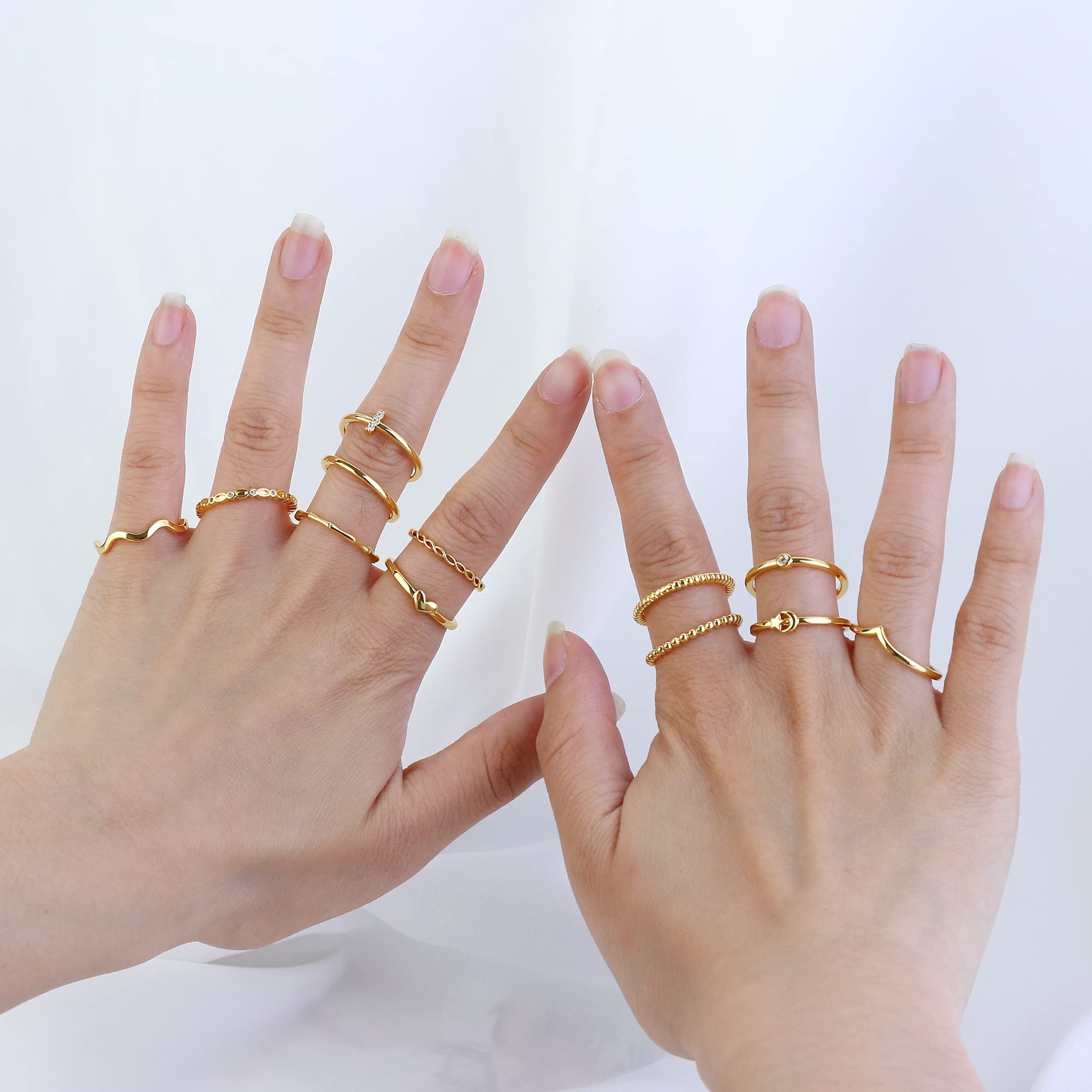 JeryWe 12Pcs 14K Gold Plated Stacking Rings for Women Stackable Knuckle Gold Band Ring Plain Twist Thumb Thin Gold Rings Pack Wave Joint Finger Wedding Silver Ring Set Size 8