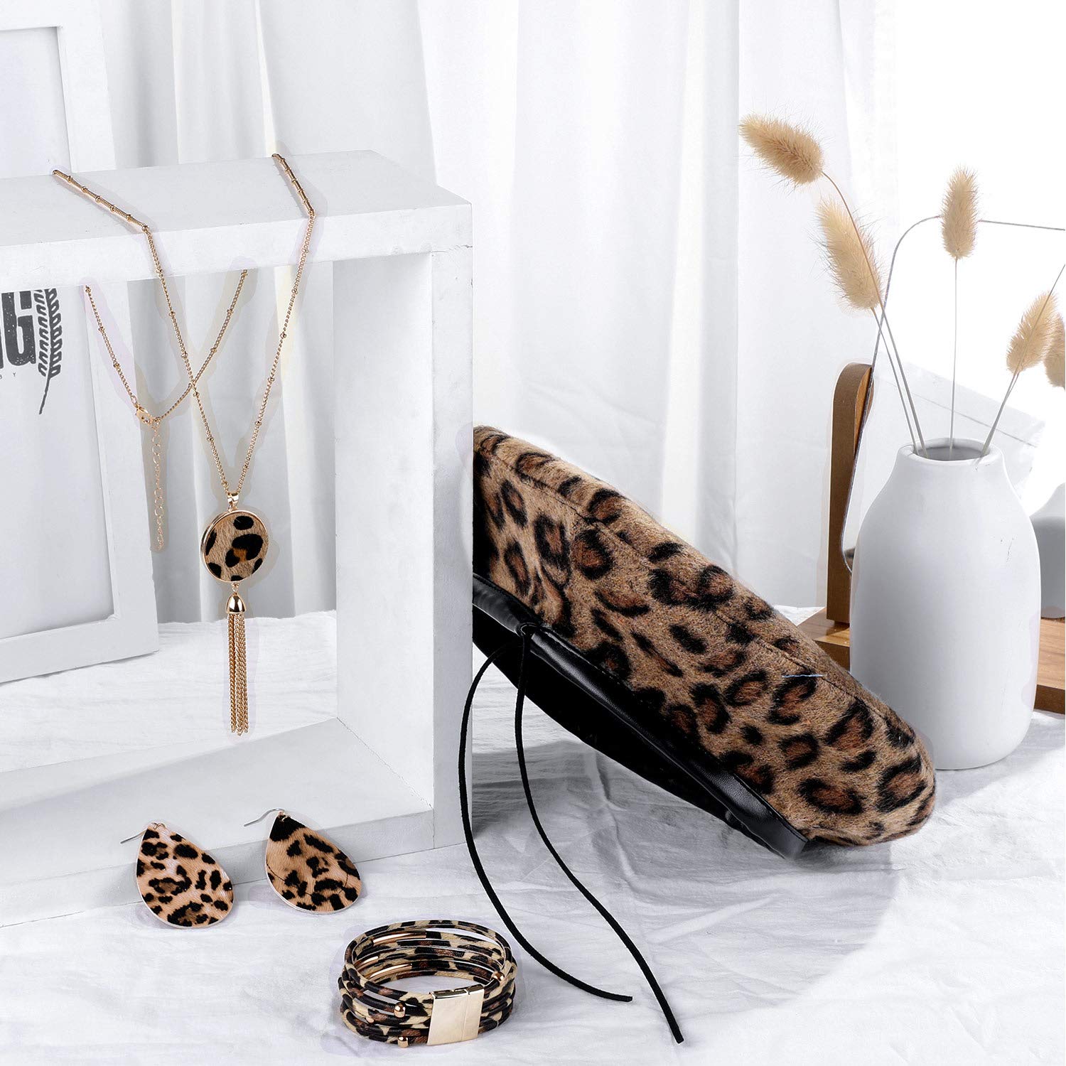 Hicarer 4 Pieces Women Leopard Jewelry Set Leopard Earring French Beret Hat Leopard Leather Bracelet Earring Necklace (Brown)
