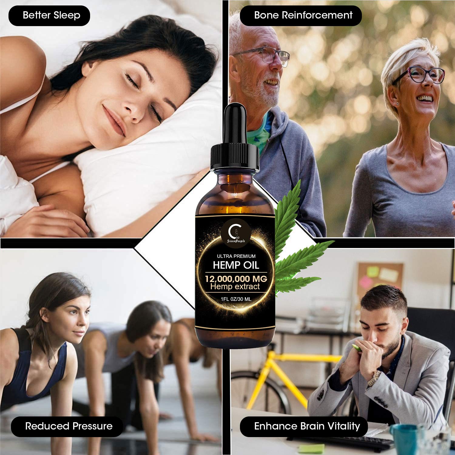GPGP GreenPeople (2Pack) Natural Hemp Oil Extract 12,000,000MG, Immune System Support, Focus Calm, Stress, Mood, Pure Extract, Rich in Omega 3&6&9 Fatty Acids, 2 fl.oz.