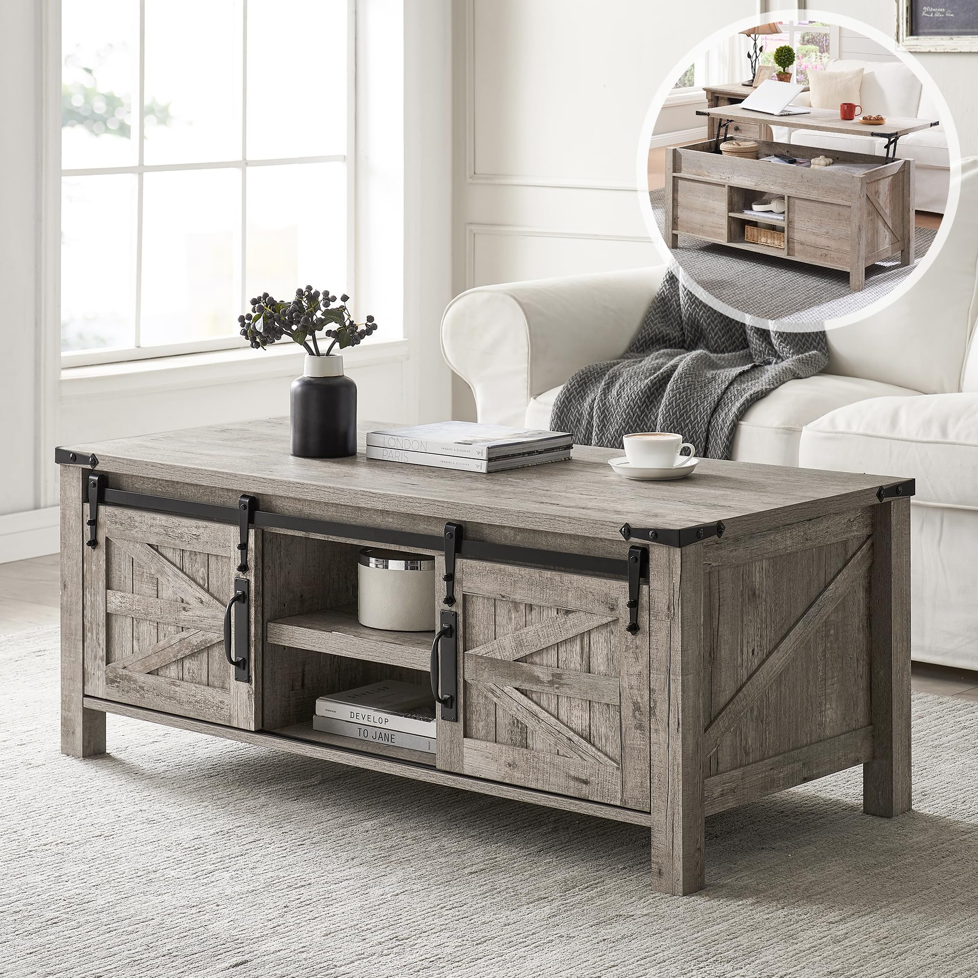 OKD 48" Farmhouse Lift Top Coffee Table with Sliding Barn Door, Rustic Center Table w/Hidden Storage Compartment, Lift Tabletop Dining Table w/Adjustable Shelf for Living Room,Light Rustic Oak