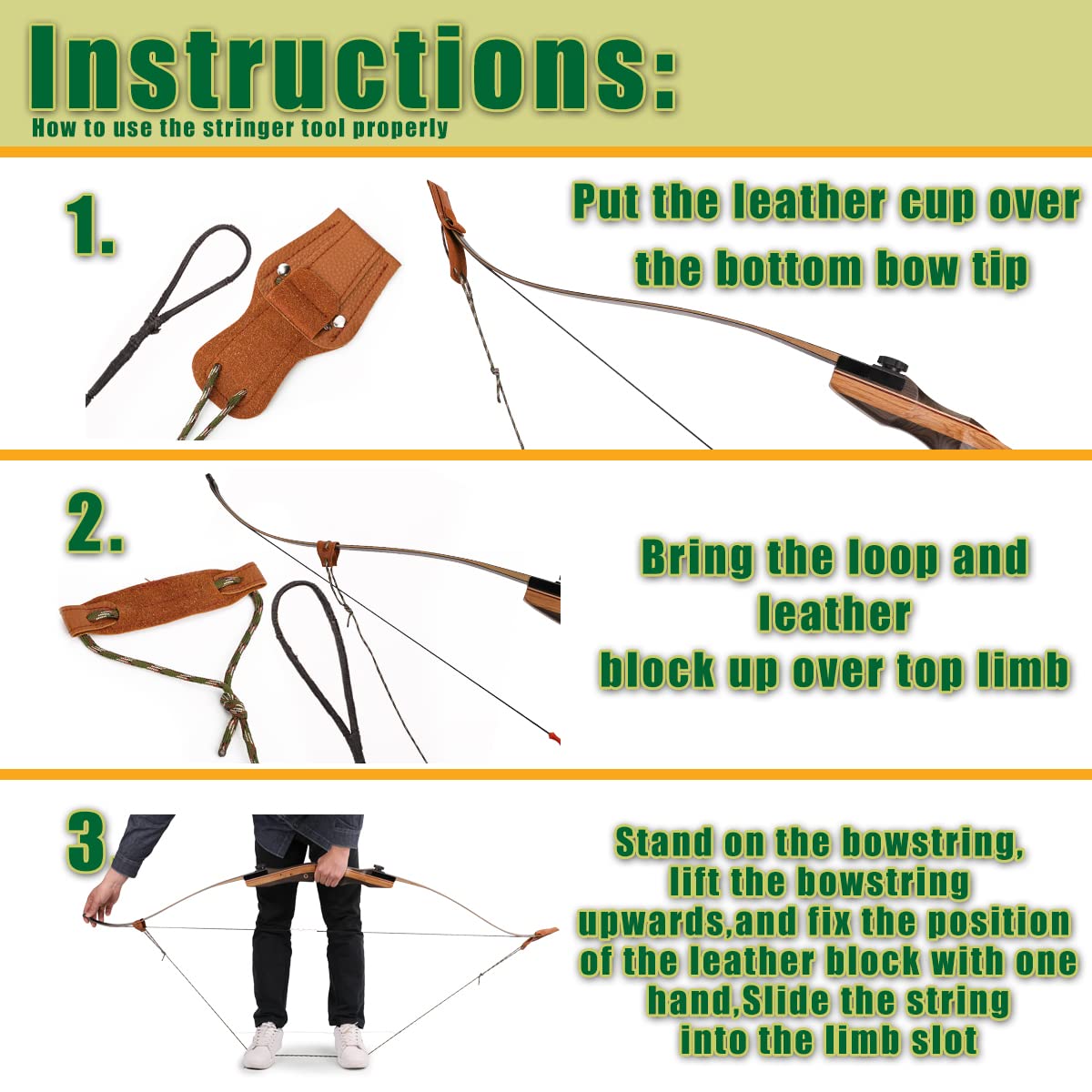 LWANO Archery Recurve Bow Stringer Tool for Recurve Bow and Longbow Accessories(Nylon Rope & Leather) (Brown)