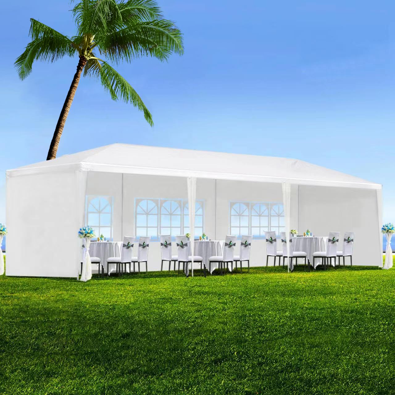 GLANZEND 10'x30' Outdoor Canopy Tent, Outdoor Party Tent Wedding Birthday Tents with 5 Removable Sidewalls, Gazebo w/Transparent Windows Outside Gazebo Event Tent for Garden Patio and Backyard, White