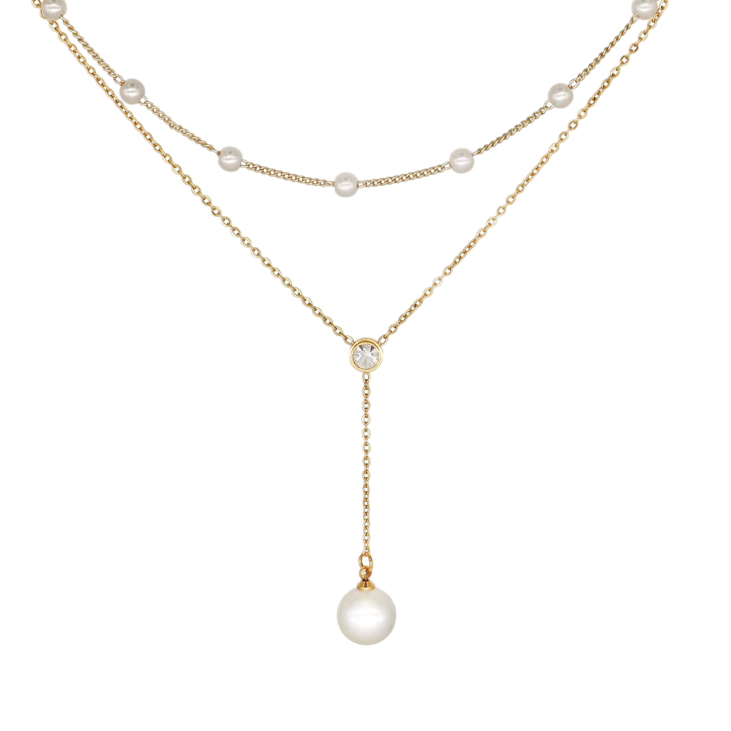 Jean Beau 2PCS Gold Pearl Drop Cubic Zirconia Y Necklace for Women and Tiny Dainty Pearls Station Strand Gold Layering Statement Choker