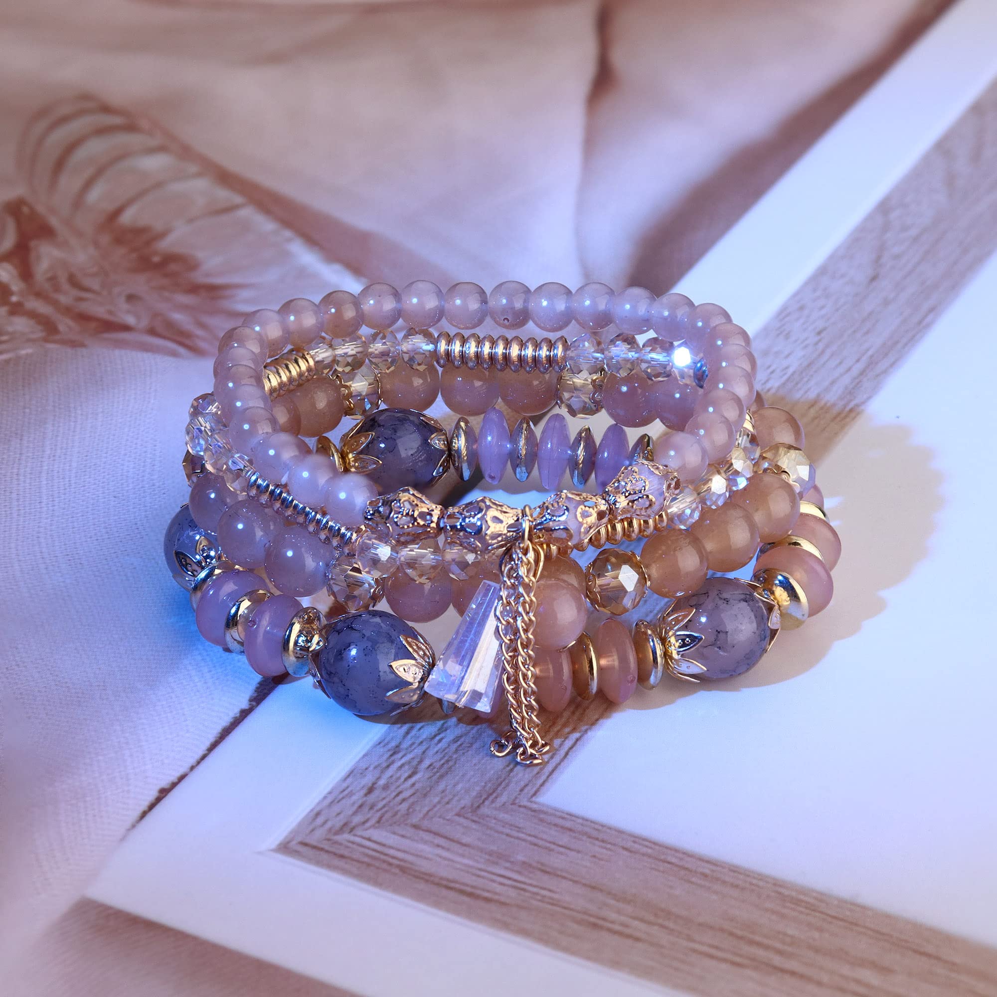 Jstyle 6 Sets Bohemian Stackable Beaded Bracelets for Women Aesthetic Stretch Multilayered Boho Bracelets Set Bohemian Bracelet