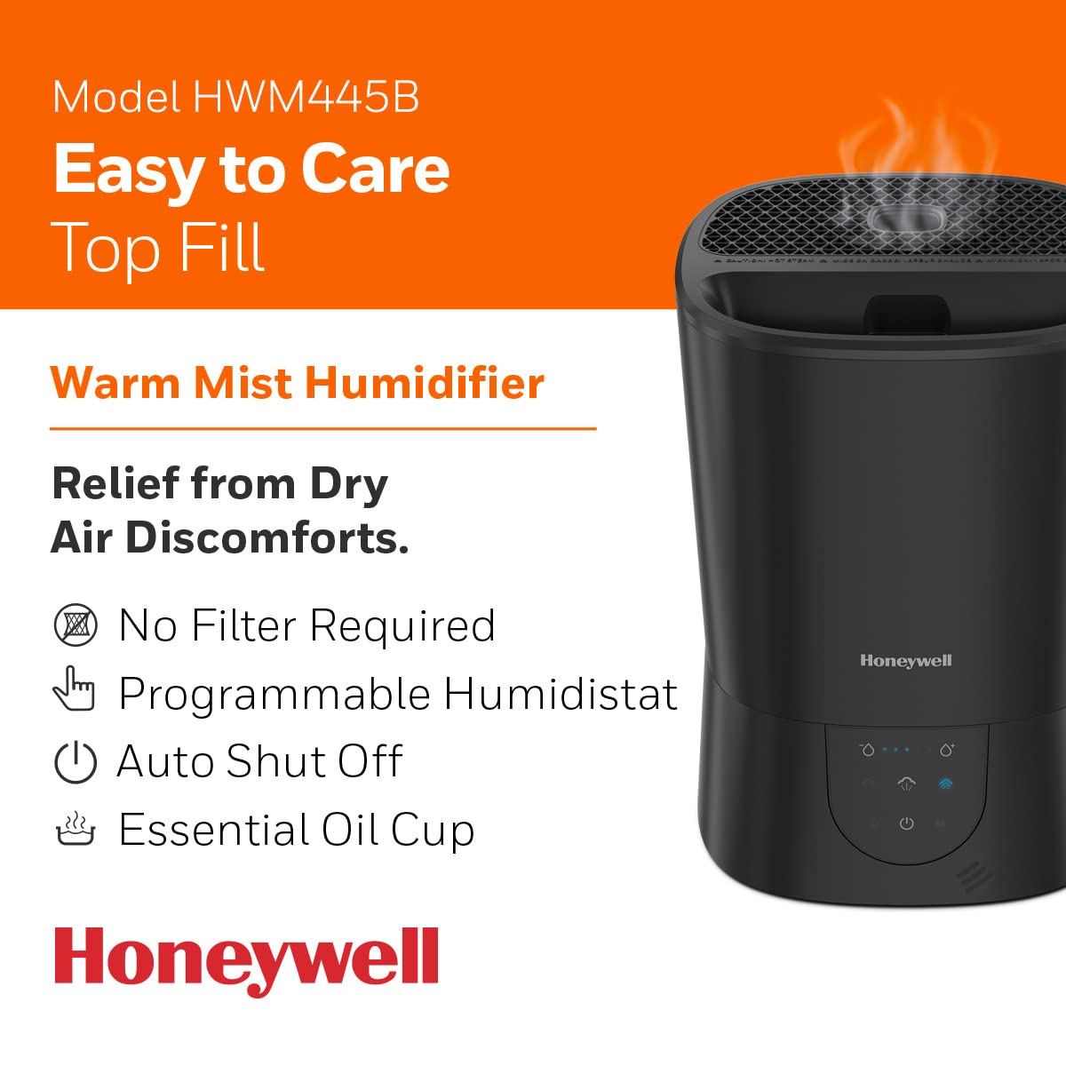 Honeywell Easy-to-Care Filter Free Warm Mist Humidifier, Medium Rooms, 1.5 Gallon Tank β Humidistat for Bedroom, Home or Office Black