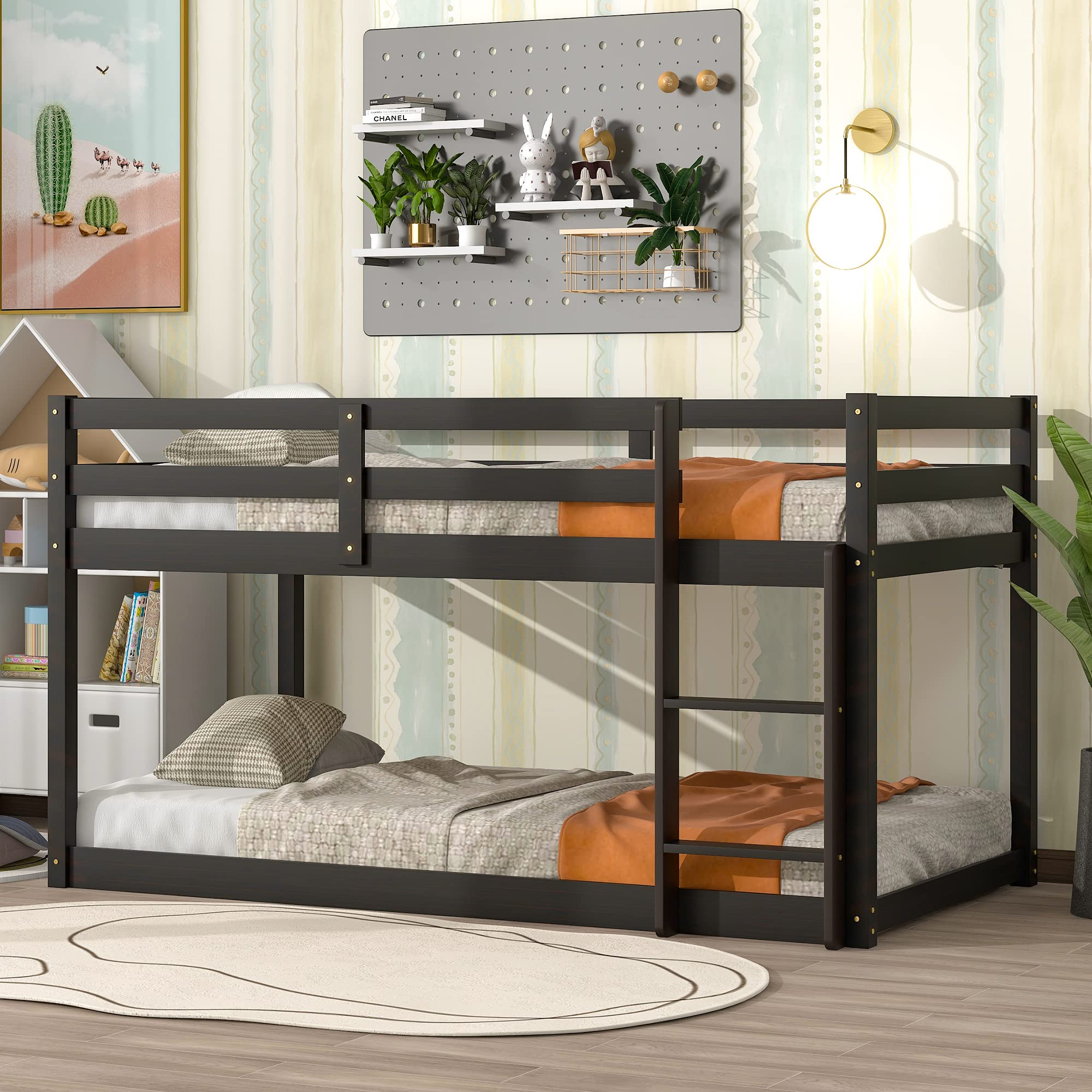 GJHOME Low Bunk Beds Twin Over Twin Floor Bunk Bed Frame Junior Loft Bed for Kids Boys Girls Teens, Espresso