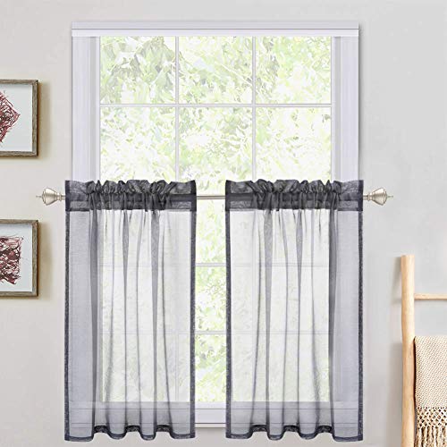 Haperlare Sheer Curtain Tiers,Linen Look Textured Kitchen Tier Curtains Cafe Curtains, Rod Pocket Tailored Half Window Semitransparent Voile Panel Drapes - 27" W x 36" L, Grey, Set of 2