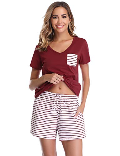 Vlazom Womens Pajama Set Cotton Short Pj Set Summer Stripe Lounge Set for Sleeping Yoga Gym Running Dark Red