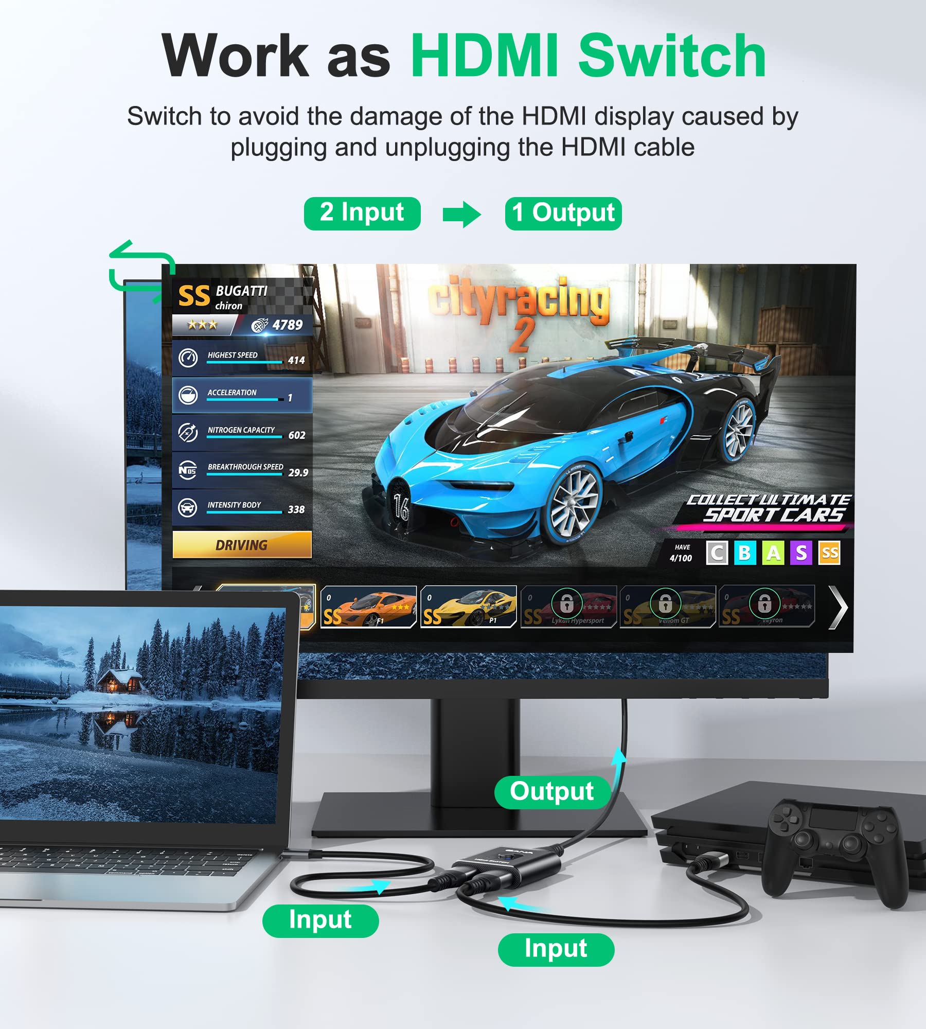 HDMI Switch 4k@60hz Splitter, GANA Aluminum Bidirectional HDMI Switcher 2 in 1 Out, Manual HDMI Hub Supports HD Compatible with Xbox PS5/4/3 Blu-Ray Player Fire Stick Roku