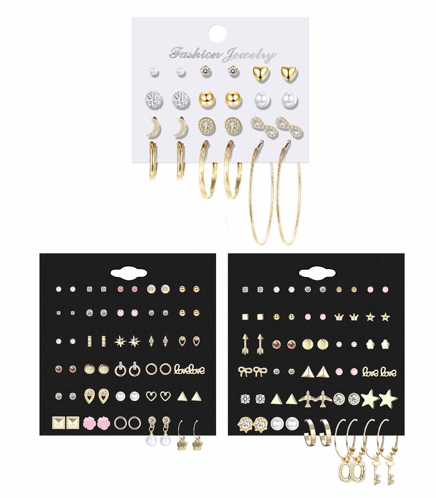 Jstyle 72 Pairs Assorted Multiple Stud Earrings for Women Small Gold Stud Earrings Set Cute Simple Pearl CZ Ball Heart Triangle Star Hoop Dangle Earrings Studs Set A